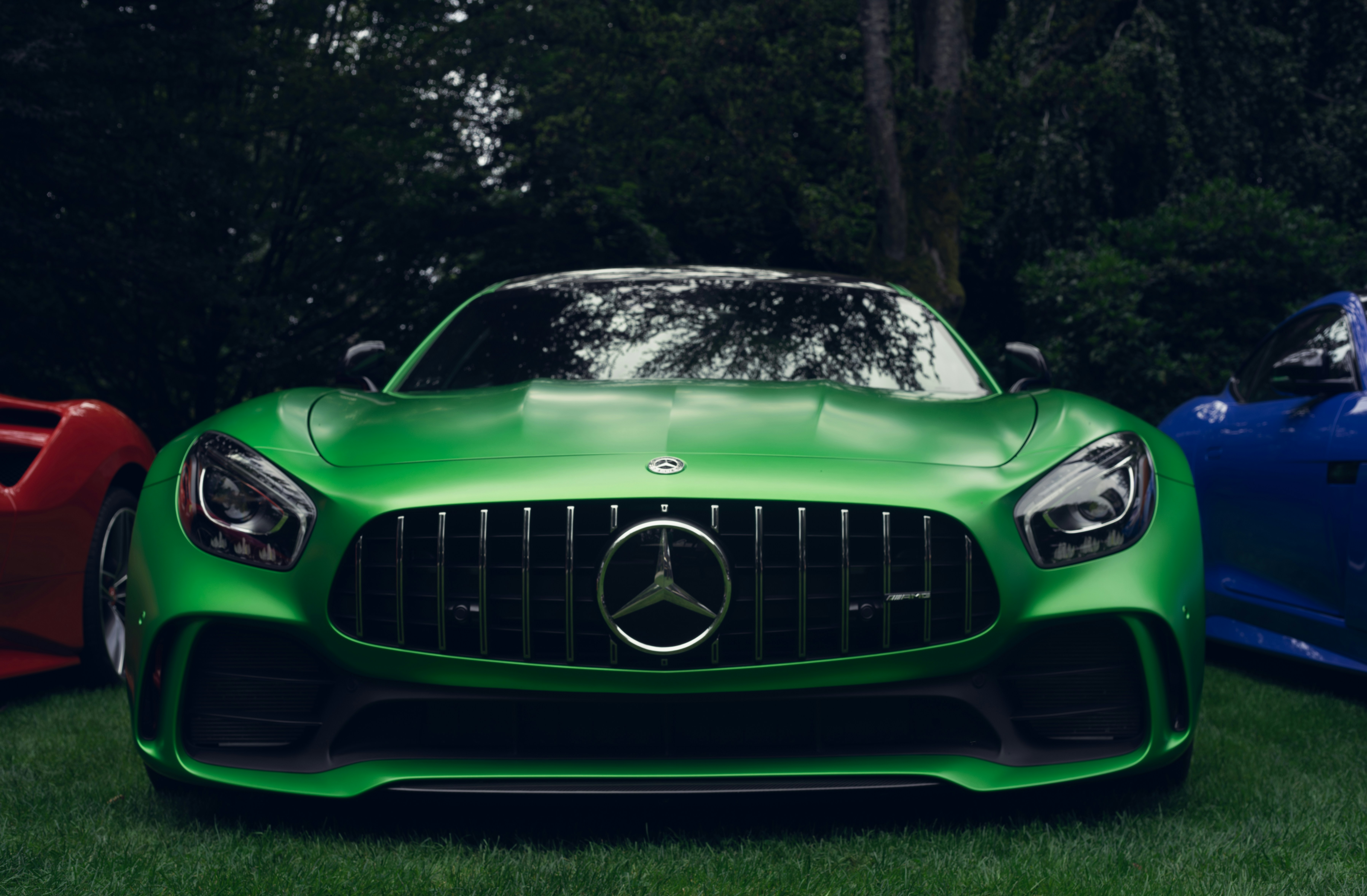 Trois voitures de couleurs différentes sont garées dans l’herbe photo ...