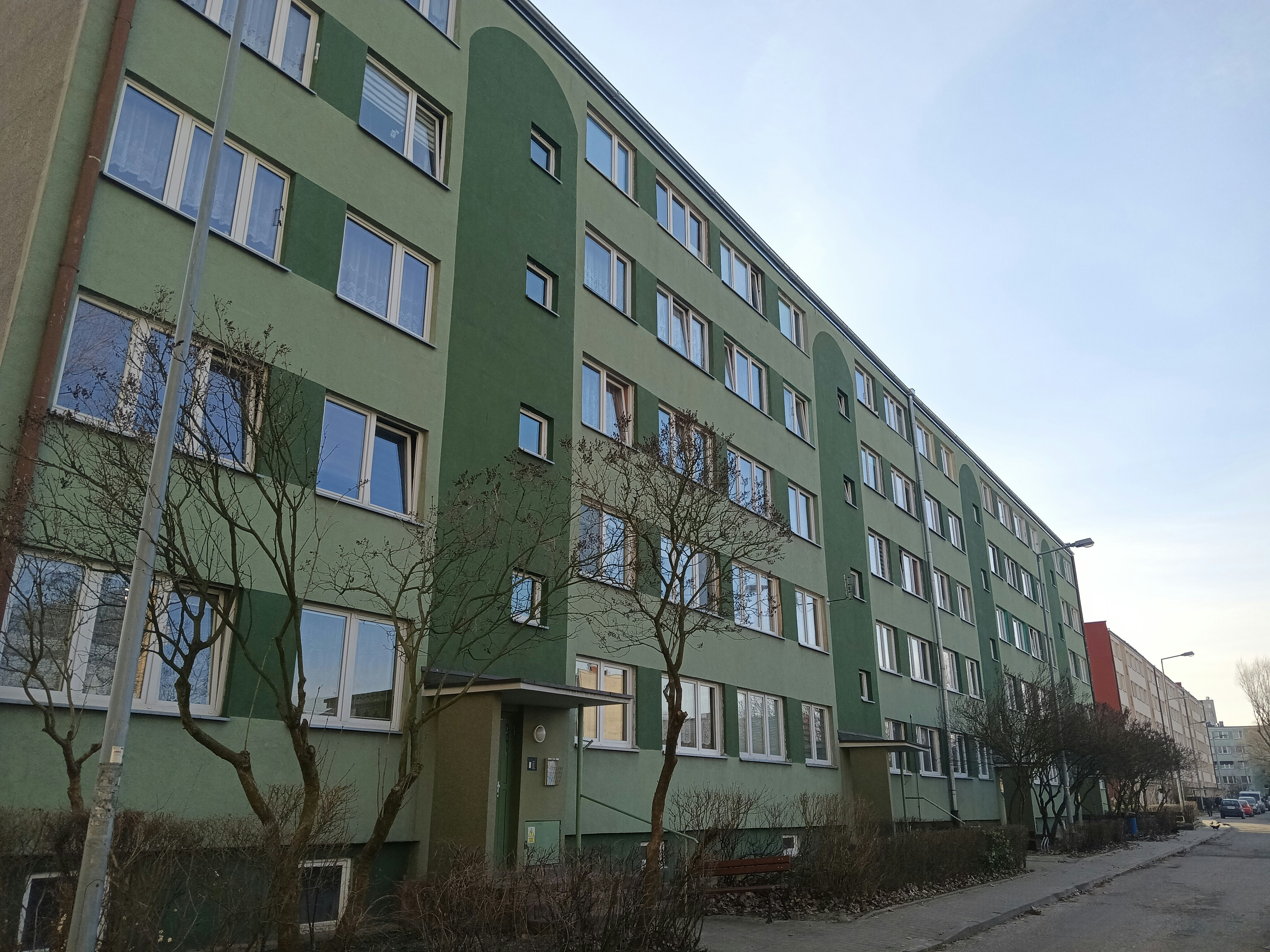Green residential building with multiple windows under a clear sky, flanked by leafless trees along the street.