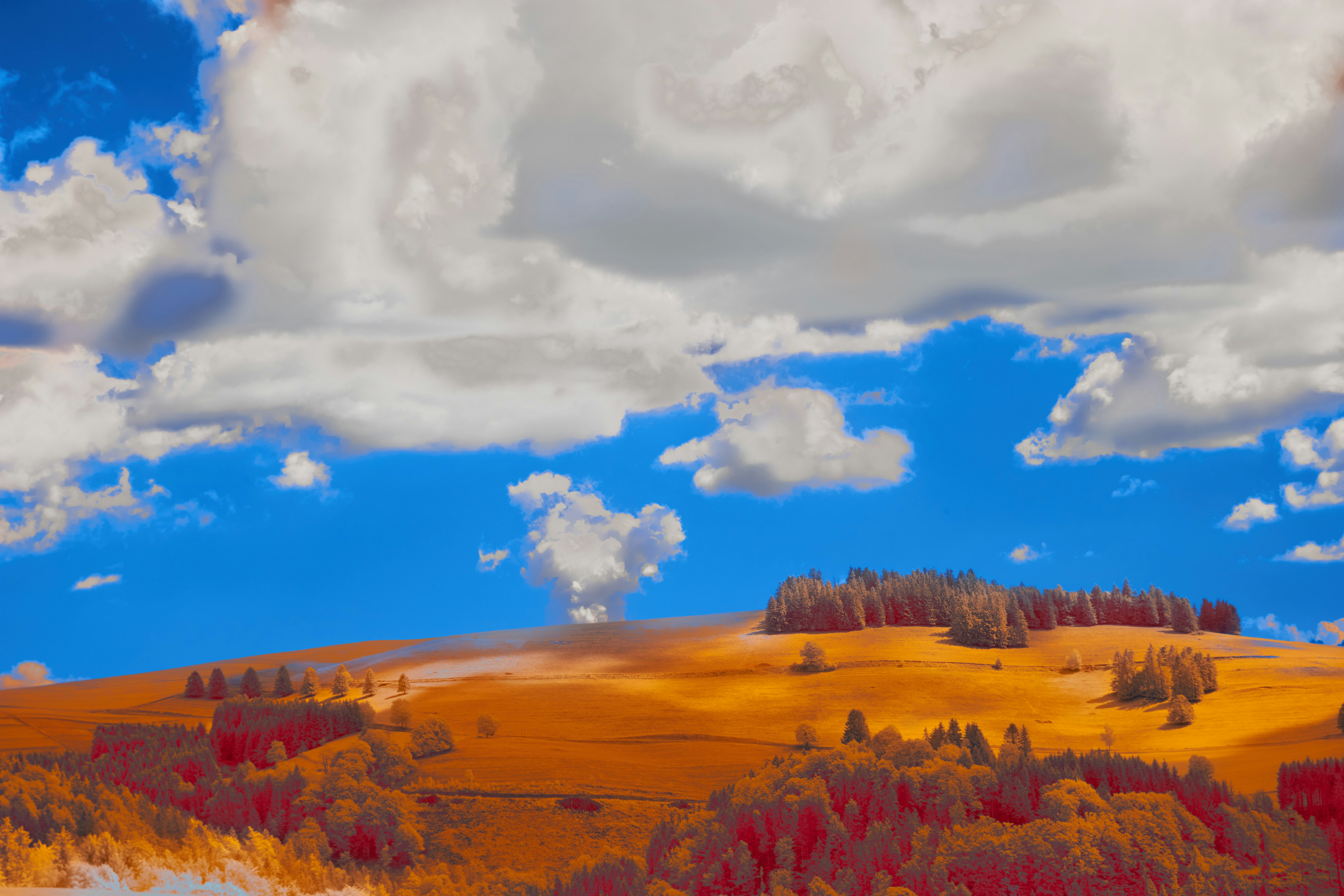 A painting of a landscape with trees and clouds photo – Free Blue Image ...