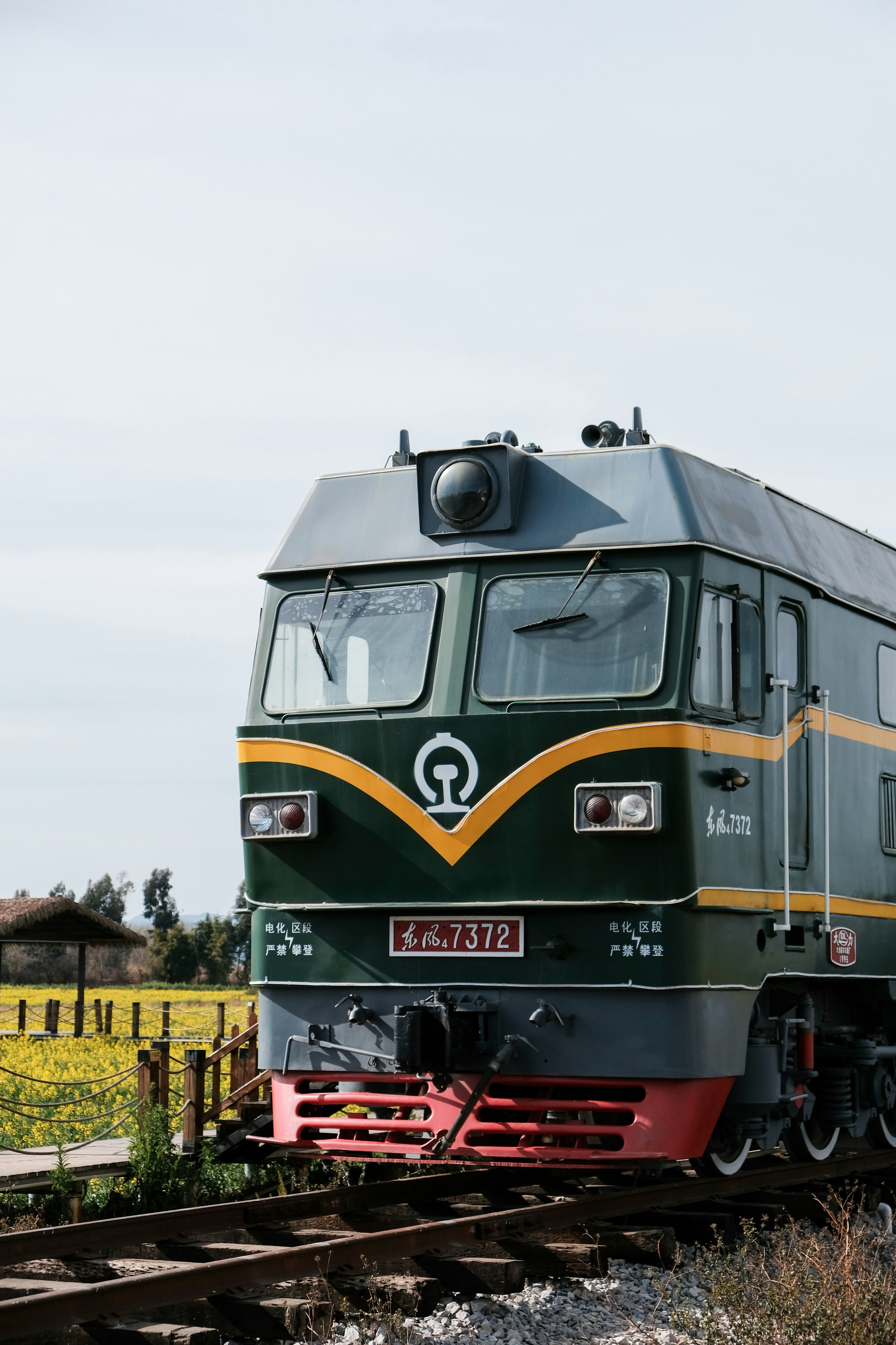 Green diesel locomotive at trackside with yellow chevrons and red plow, front-on view