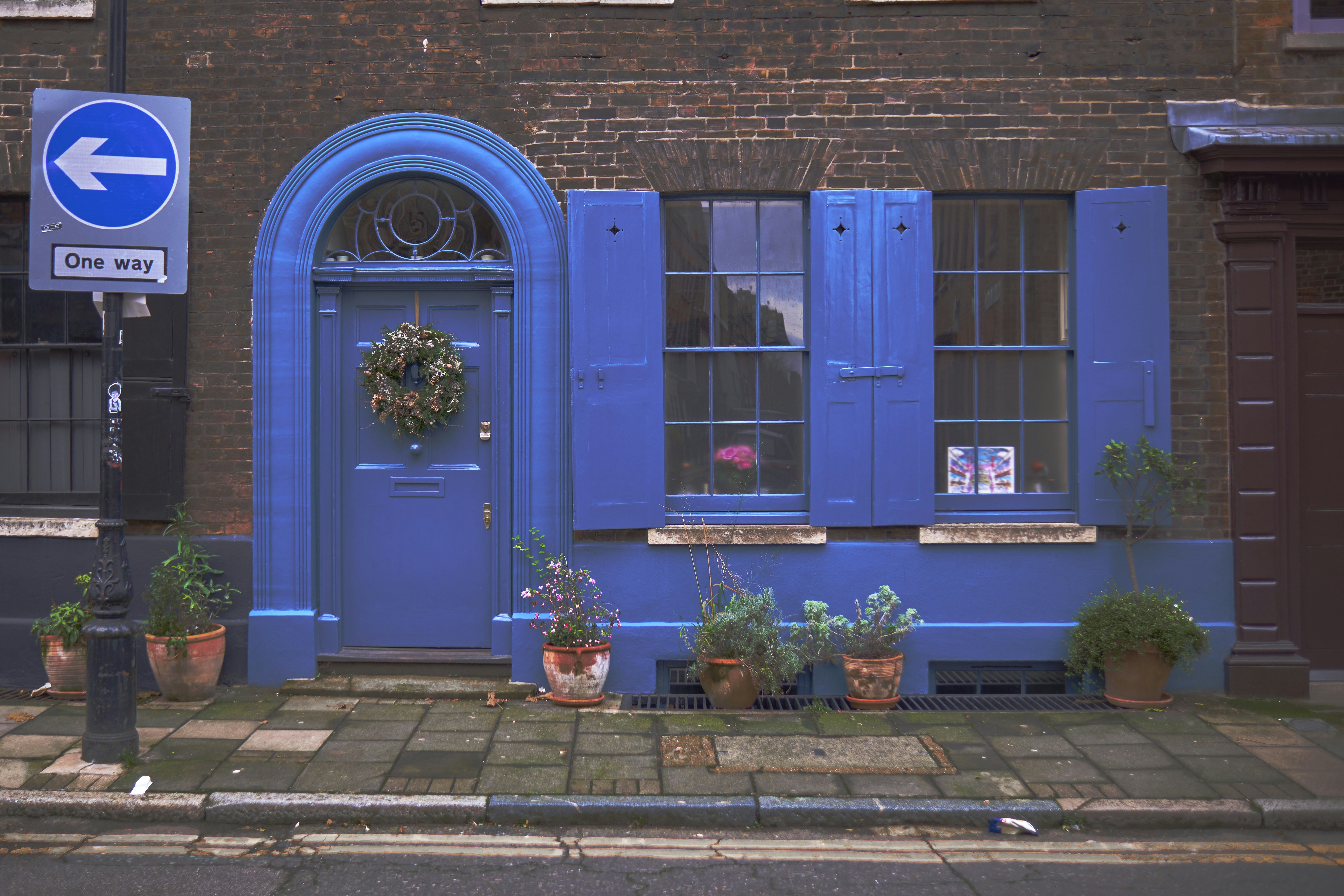 The Blue Threshold: a brick-front storefront framed by potted greenery