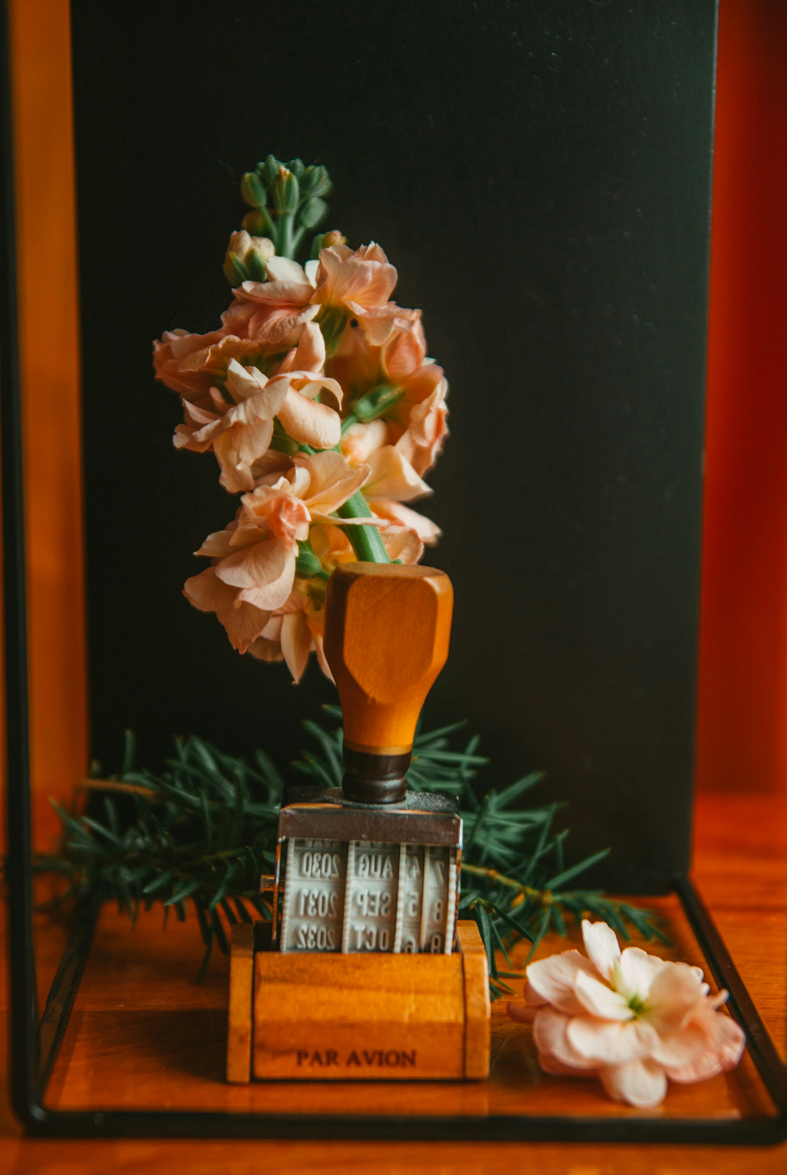 Whisper of Ink and Petals: A Vintage Stamp Press Among Peach Blossoms