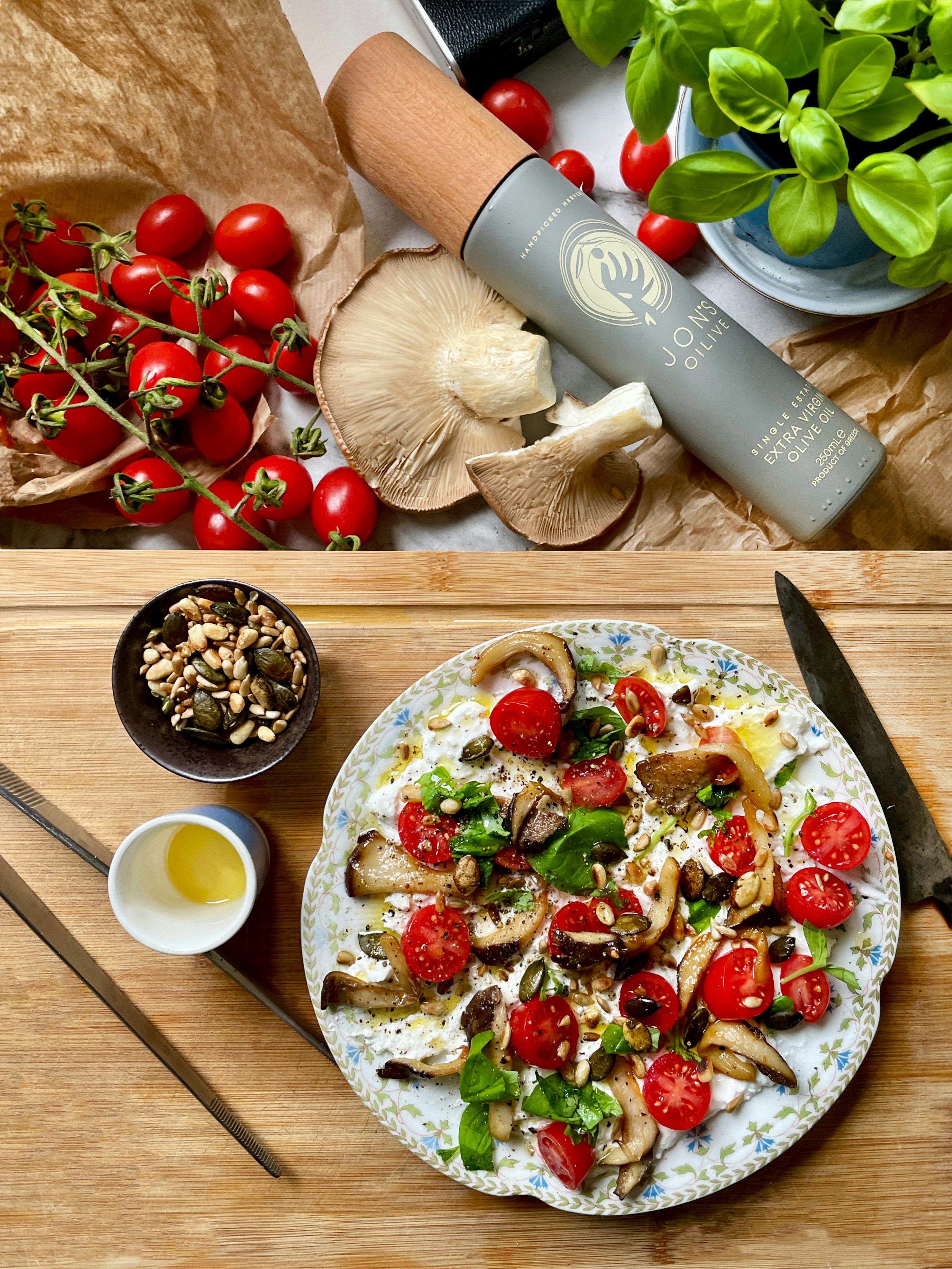 Rustic Harvest Plate: Mushroom Medley with Cherry Tomato Burst