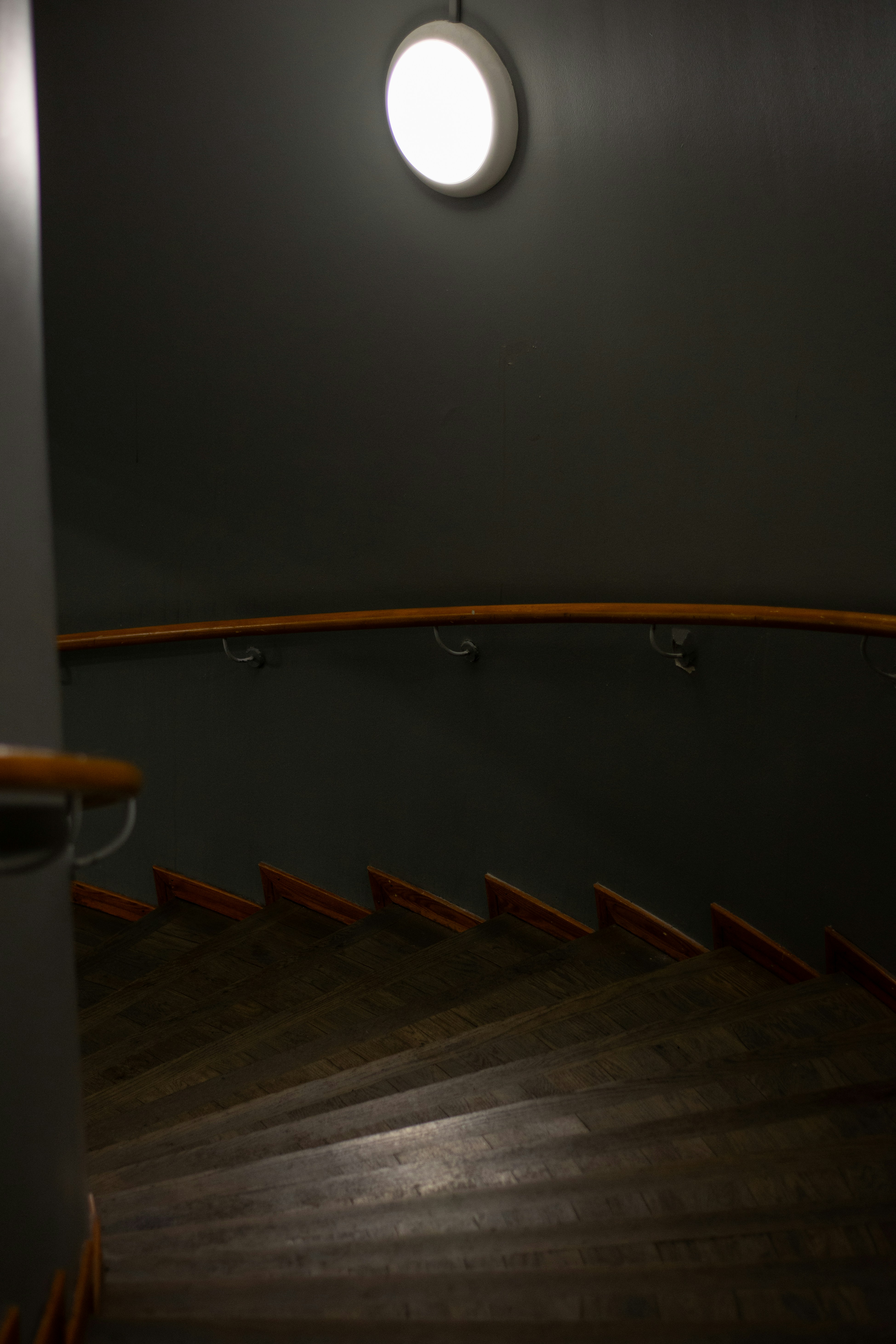 Halo Above the Descent: A Minimal Stairwell Bathed in Circular Light