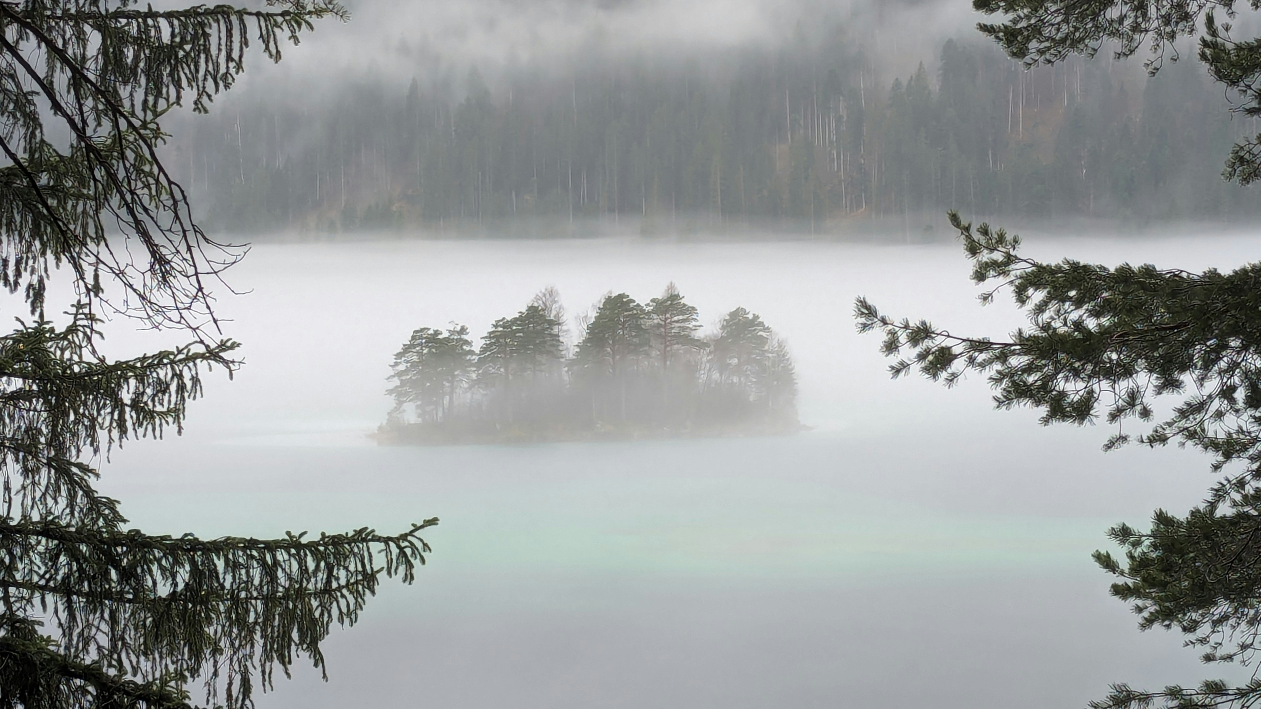 Foggy winter view of Eibsee. One of Europe's most beautiful mountain lakes.