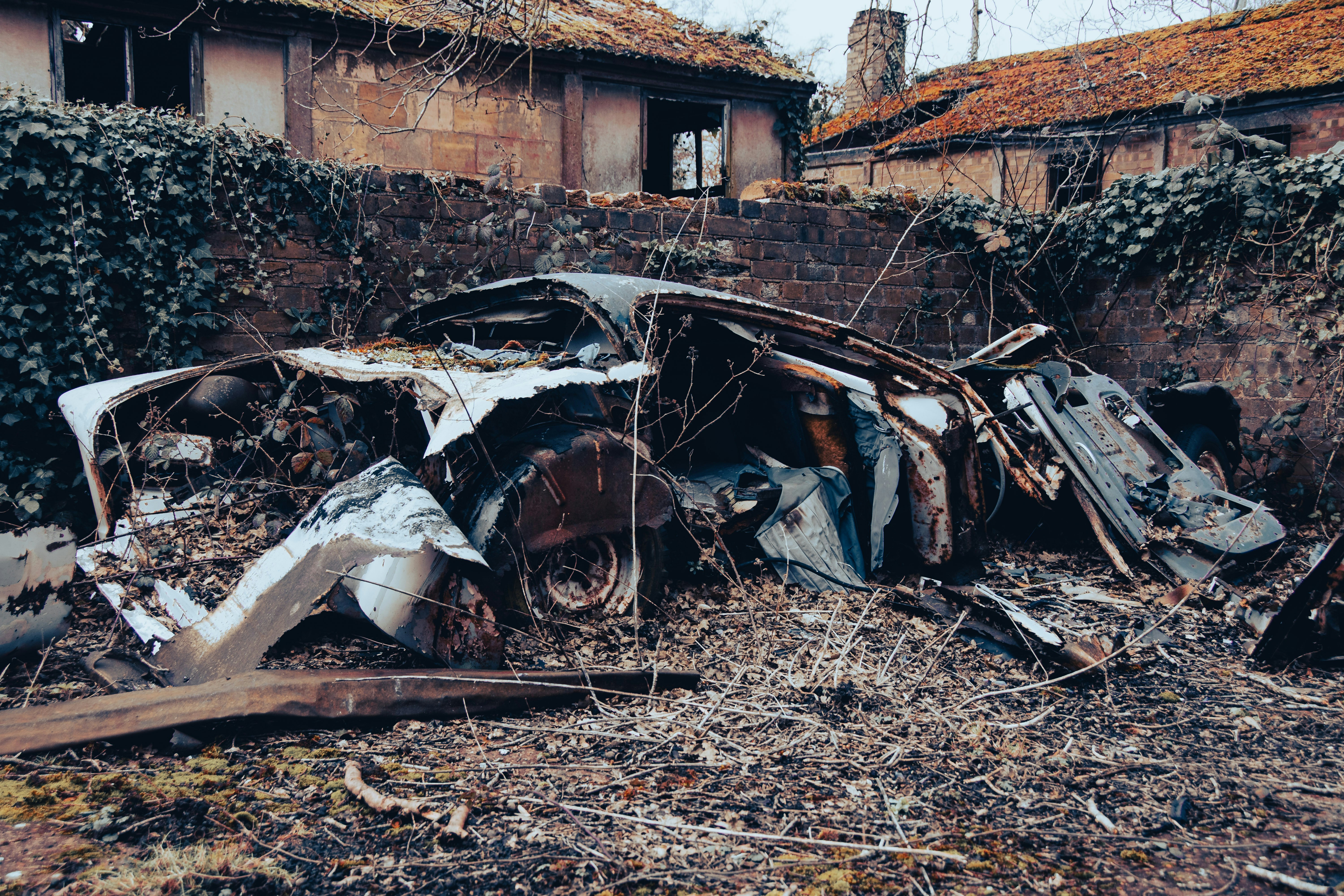 Rusting car remnants overgrown with ivy beside an old brick building.