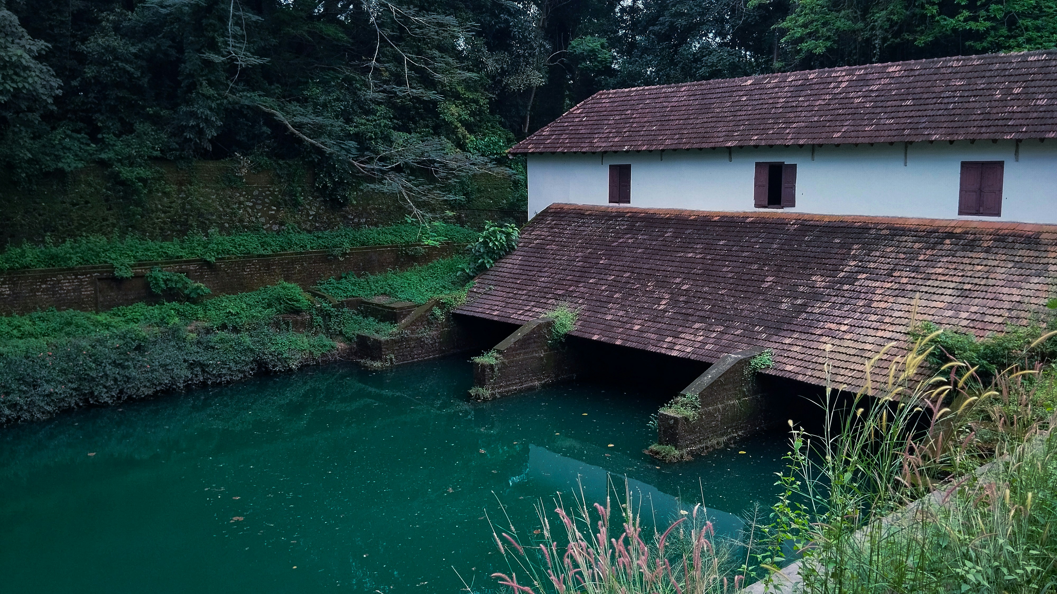 A small building sitting on the side of a river photo – Free House ...
