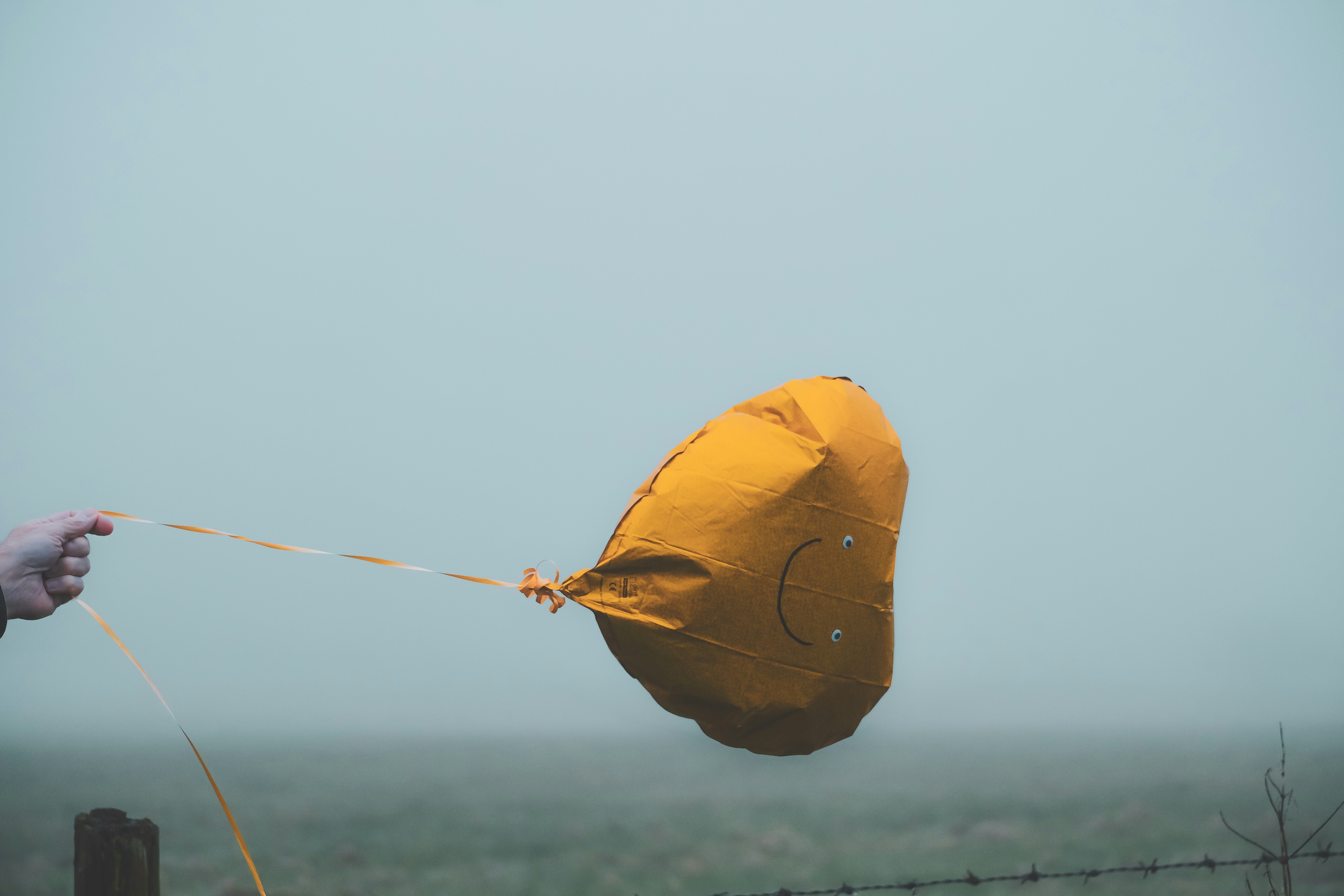 Amber Balloon on the Wind: A solitary tethered orb aloft over a quiet pasture