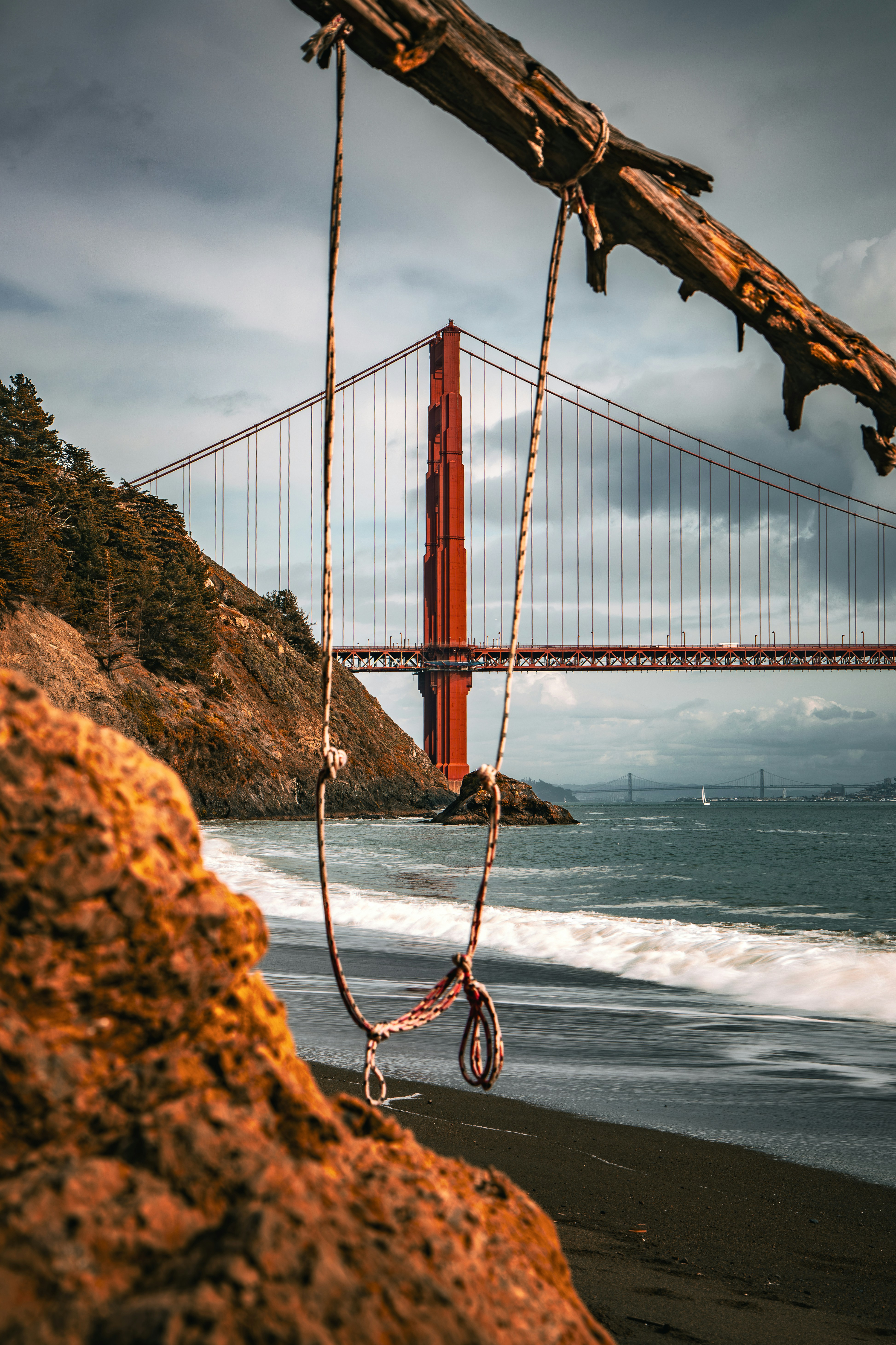 Rope-Framed Golden Gate: Steel, Sky, and Tide
