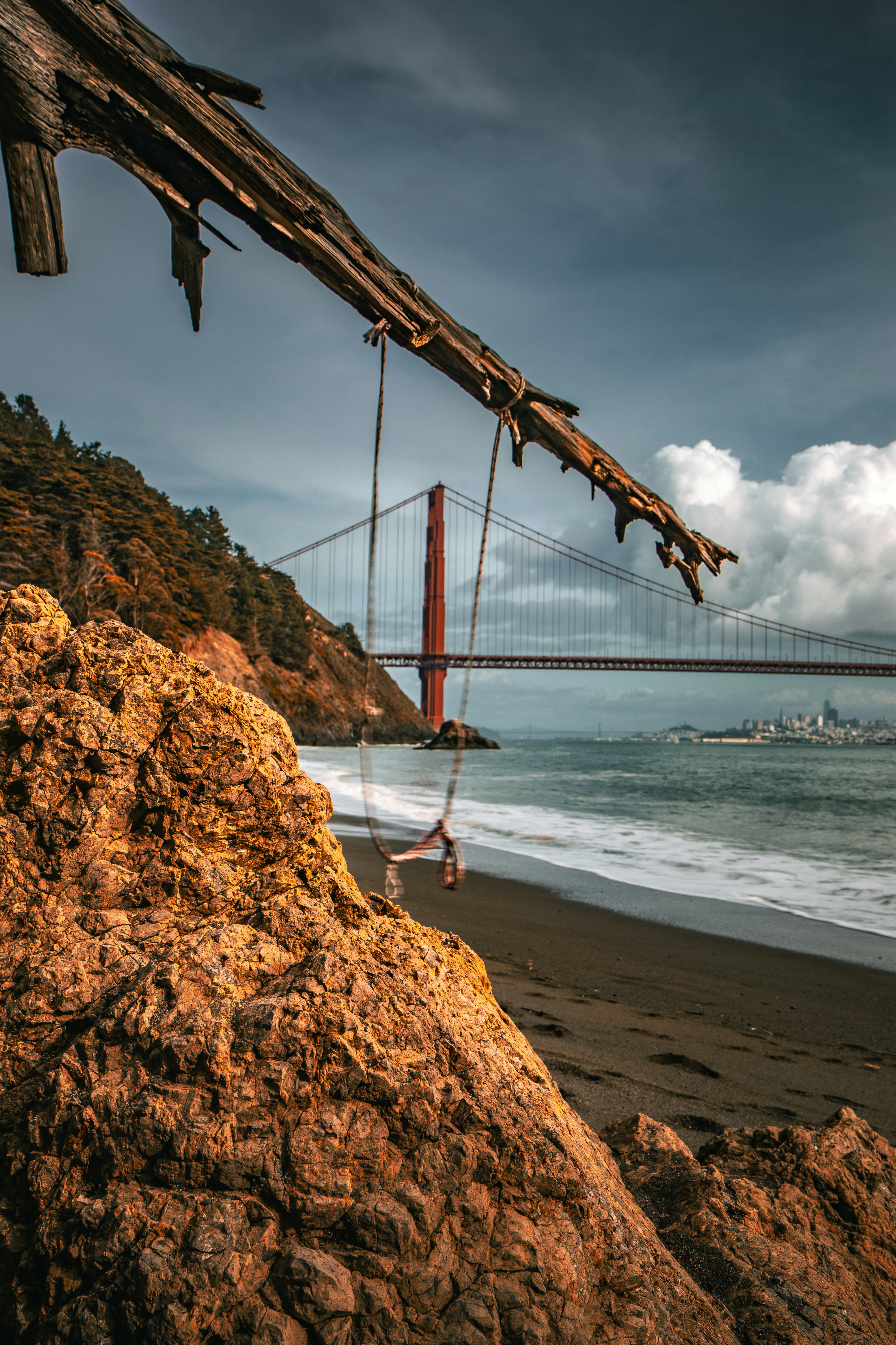 Rusted Beam, Sea Swing, and the Golden Gate's Quiet Gaze