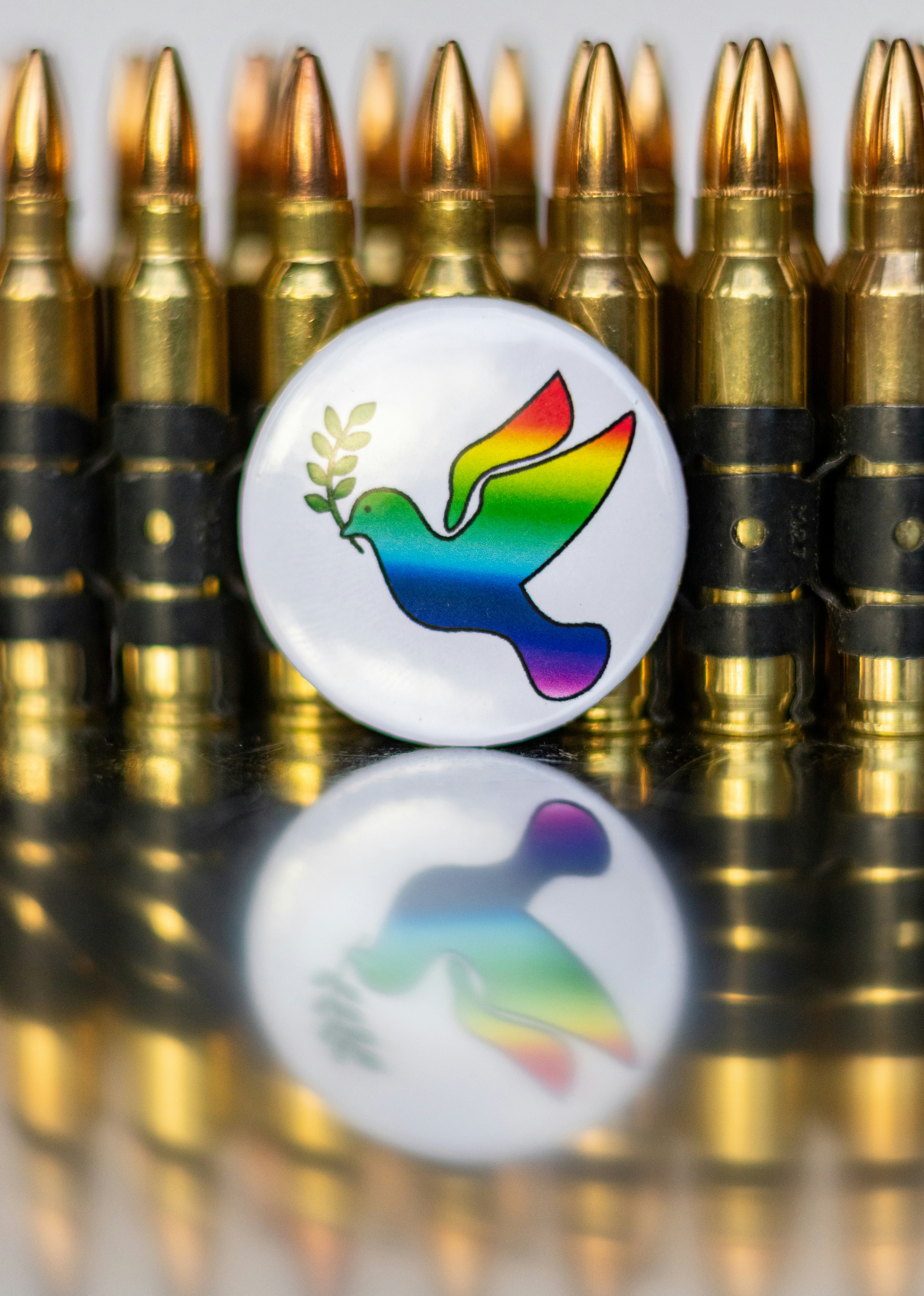 Rainbow Dove Emblem Amid Bullet Casings