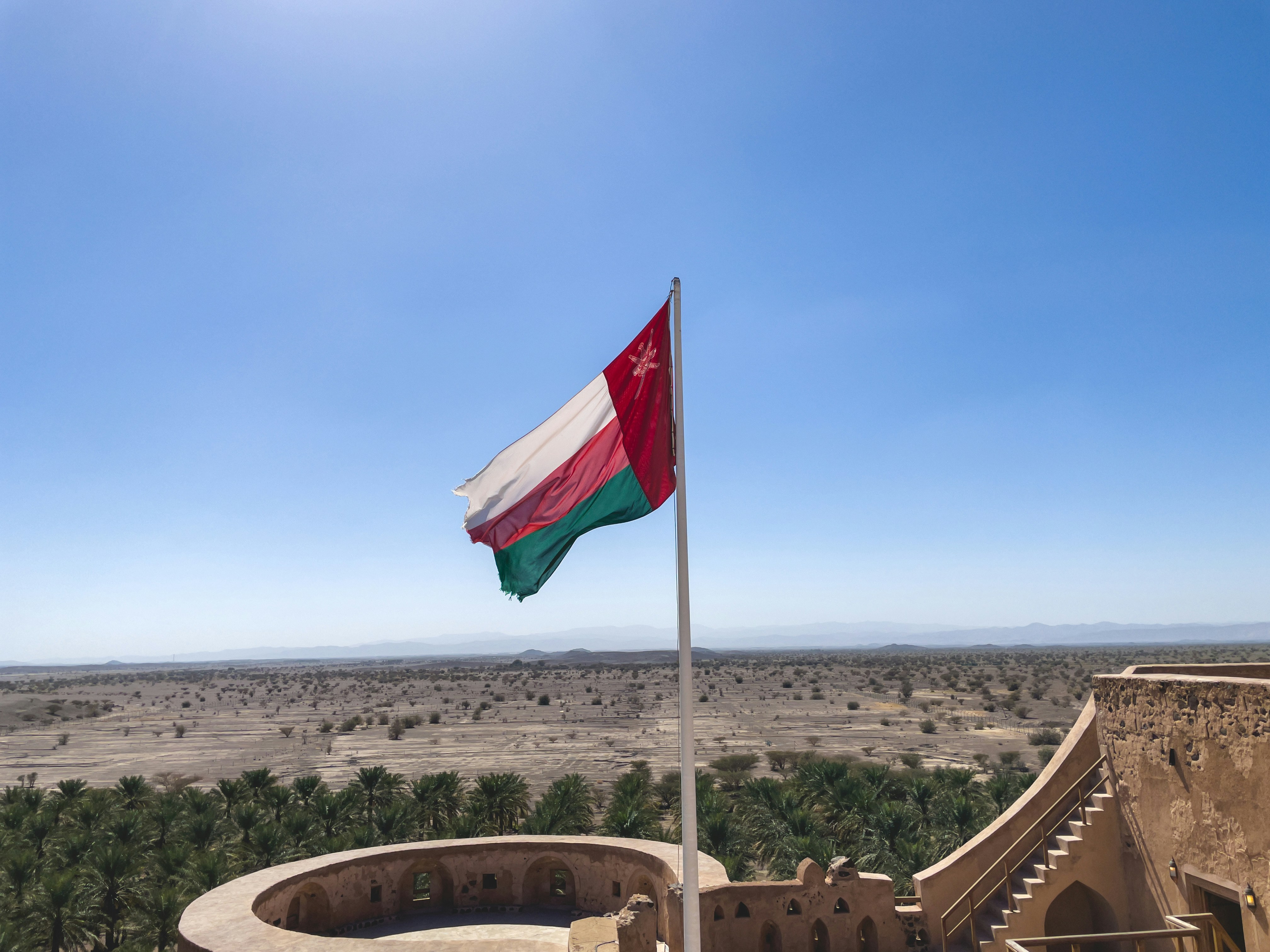 Oman flag in Jabreen Castle in Bahla in Sultanate of Oman.