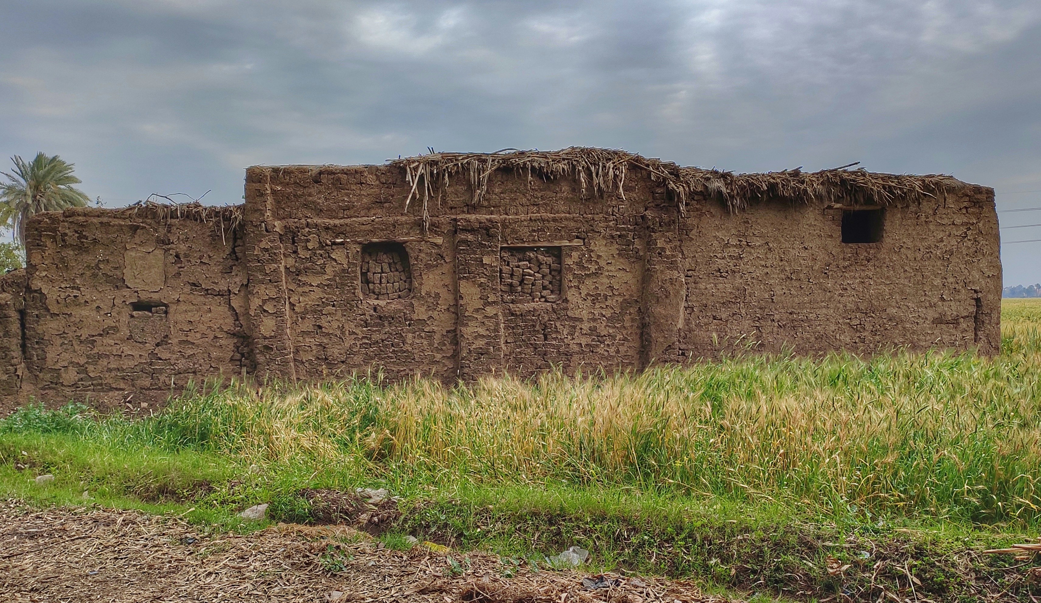 Weathered mud-brick ruin at the edge of a grassy plain under a brooding sky