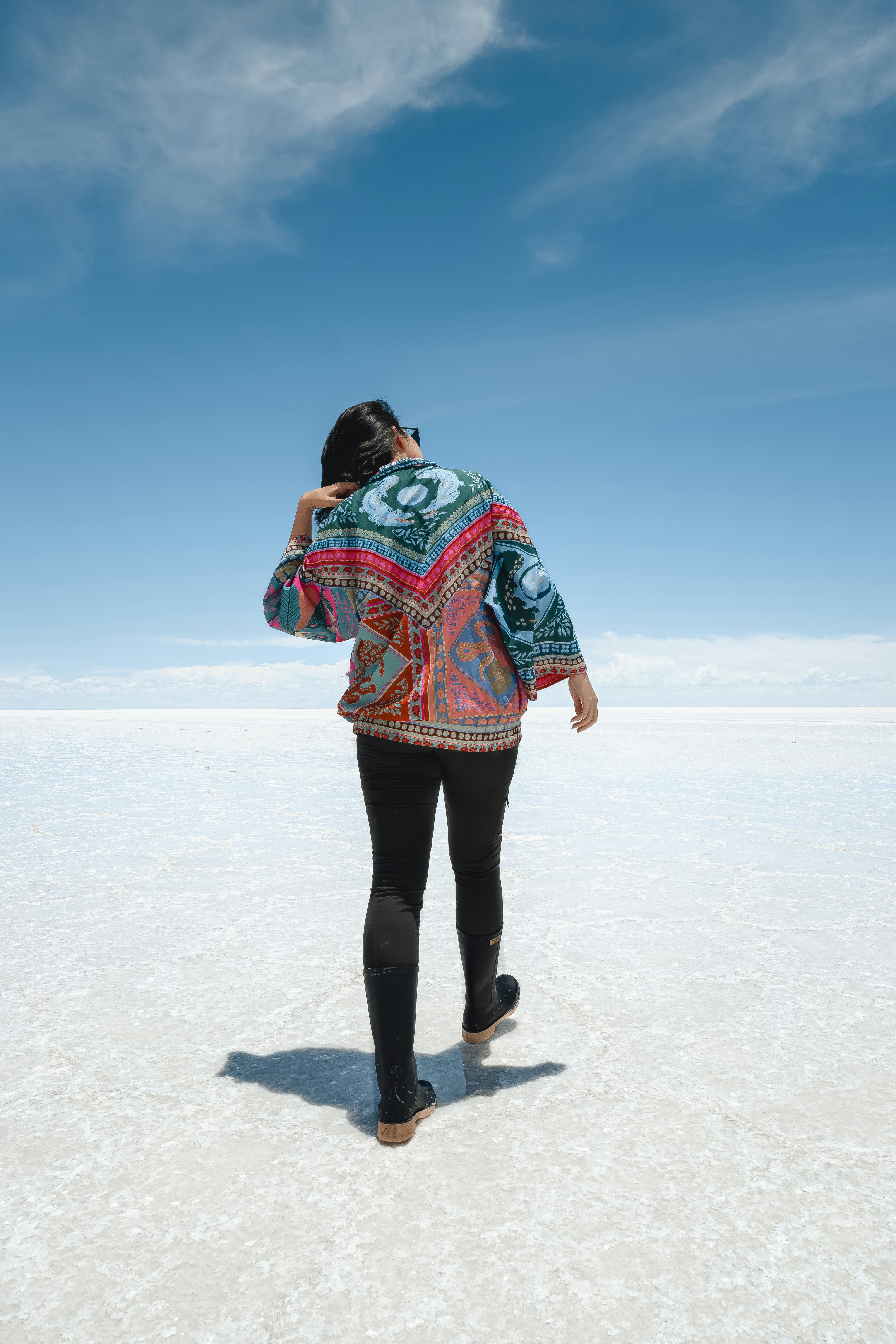 Colorful shawl in a sunlit salt flat