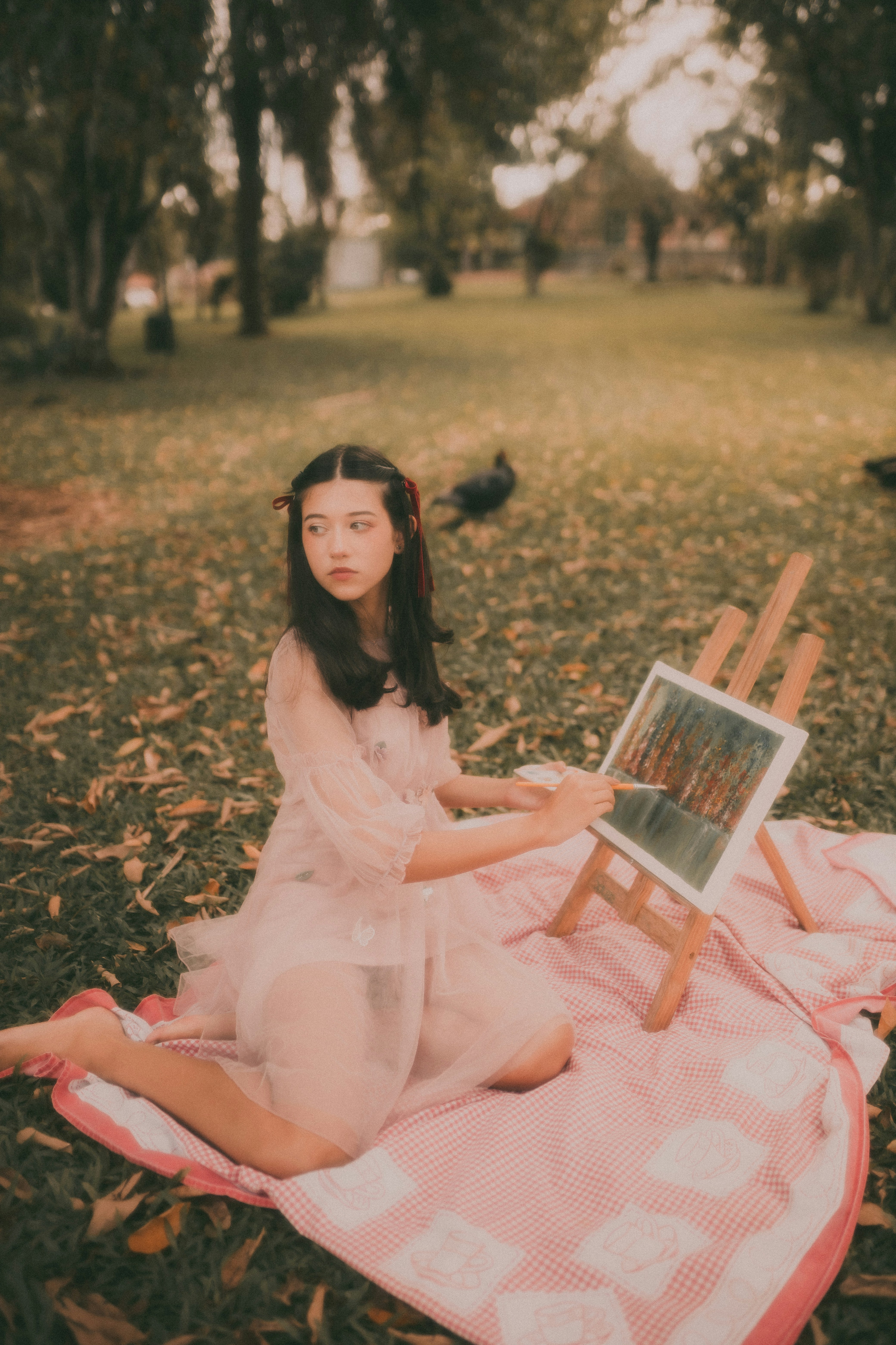 Whispers of Fall: Portrait at the Easel in a Leaf-Littered Park