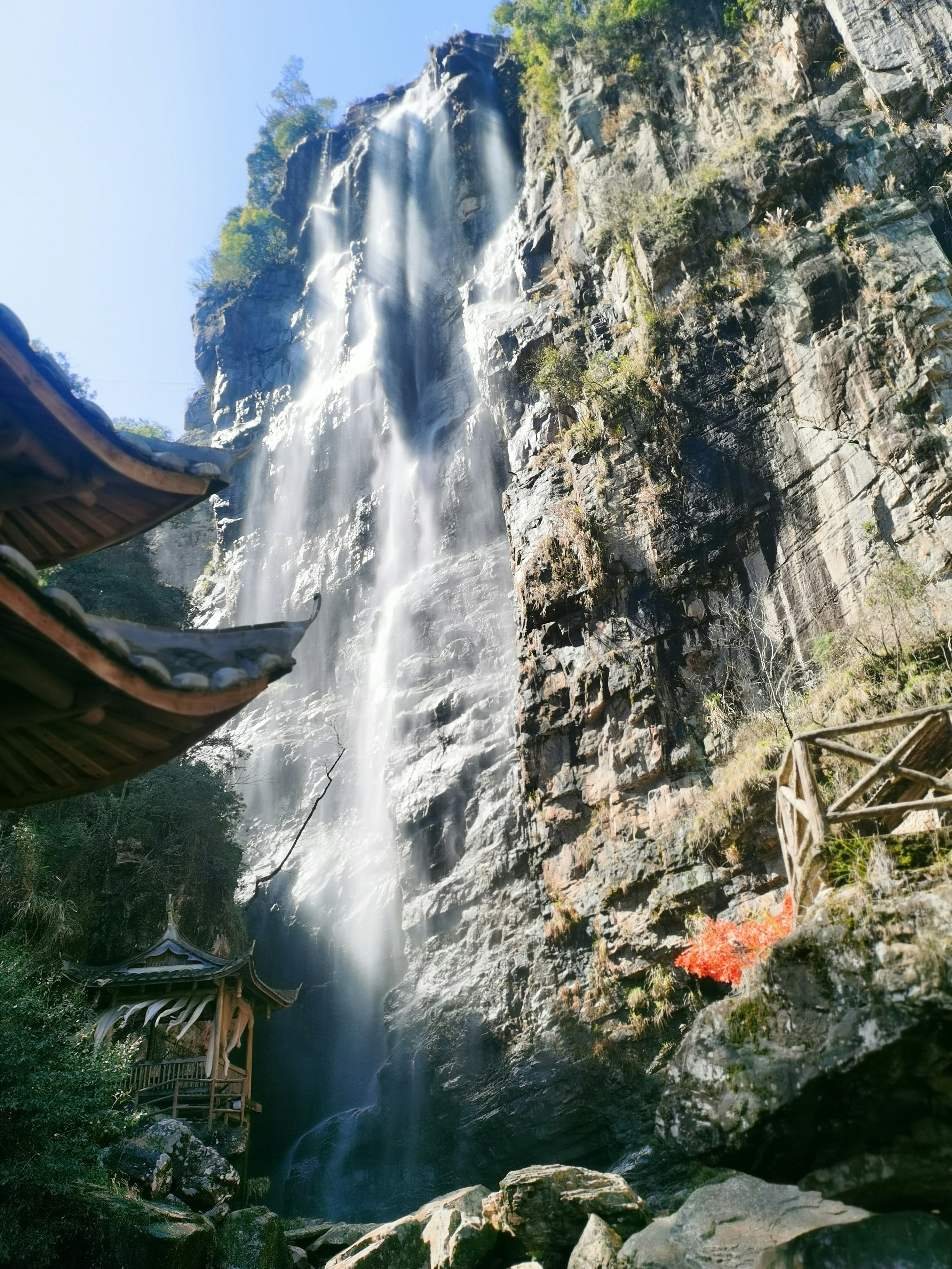 a waterfall is shown in the middle of a forest