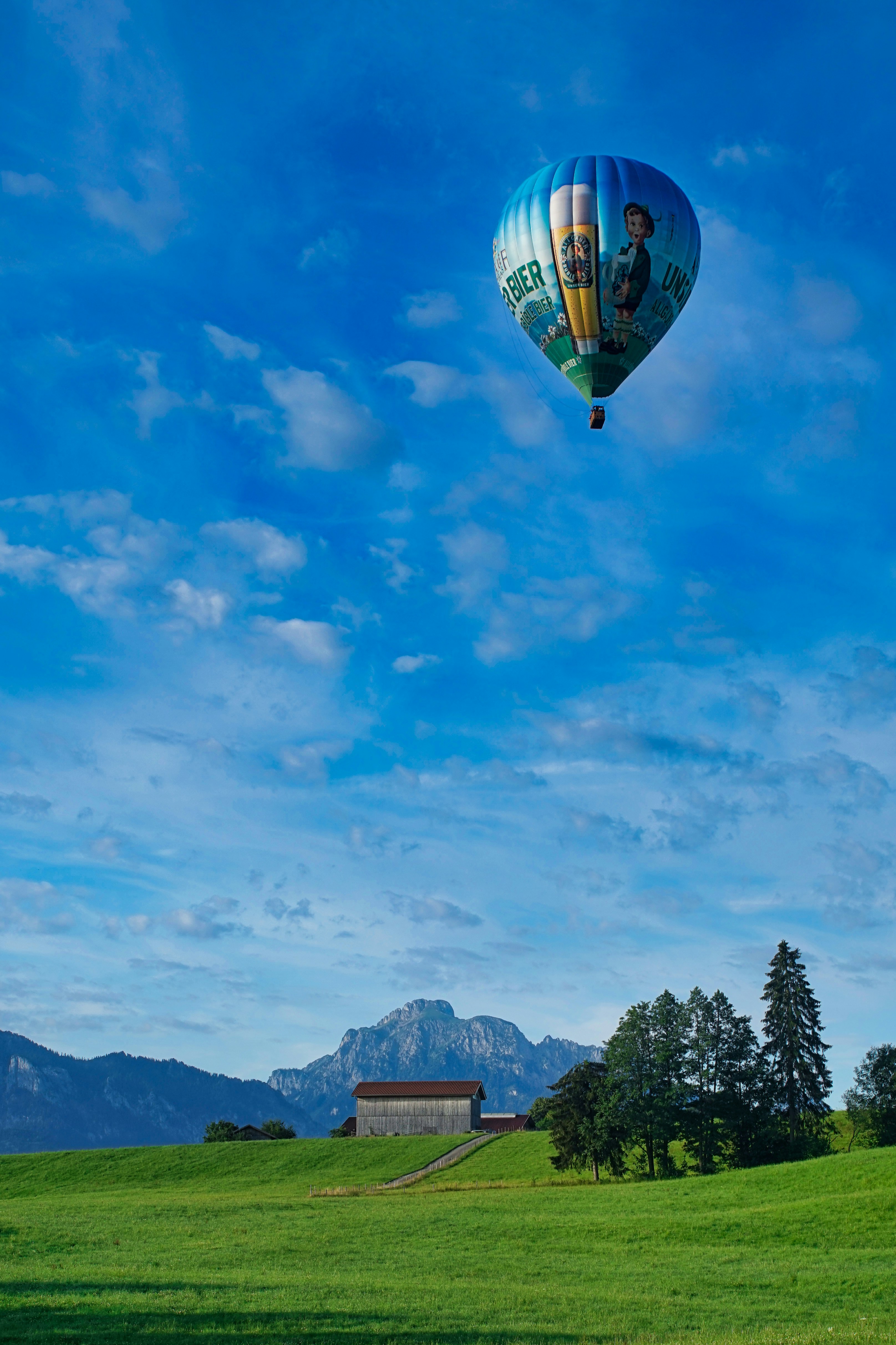 Balloon Crossing the Cerulean Sky Over a Green Alpine Valley