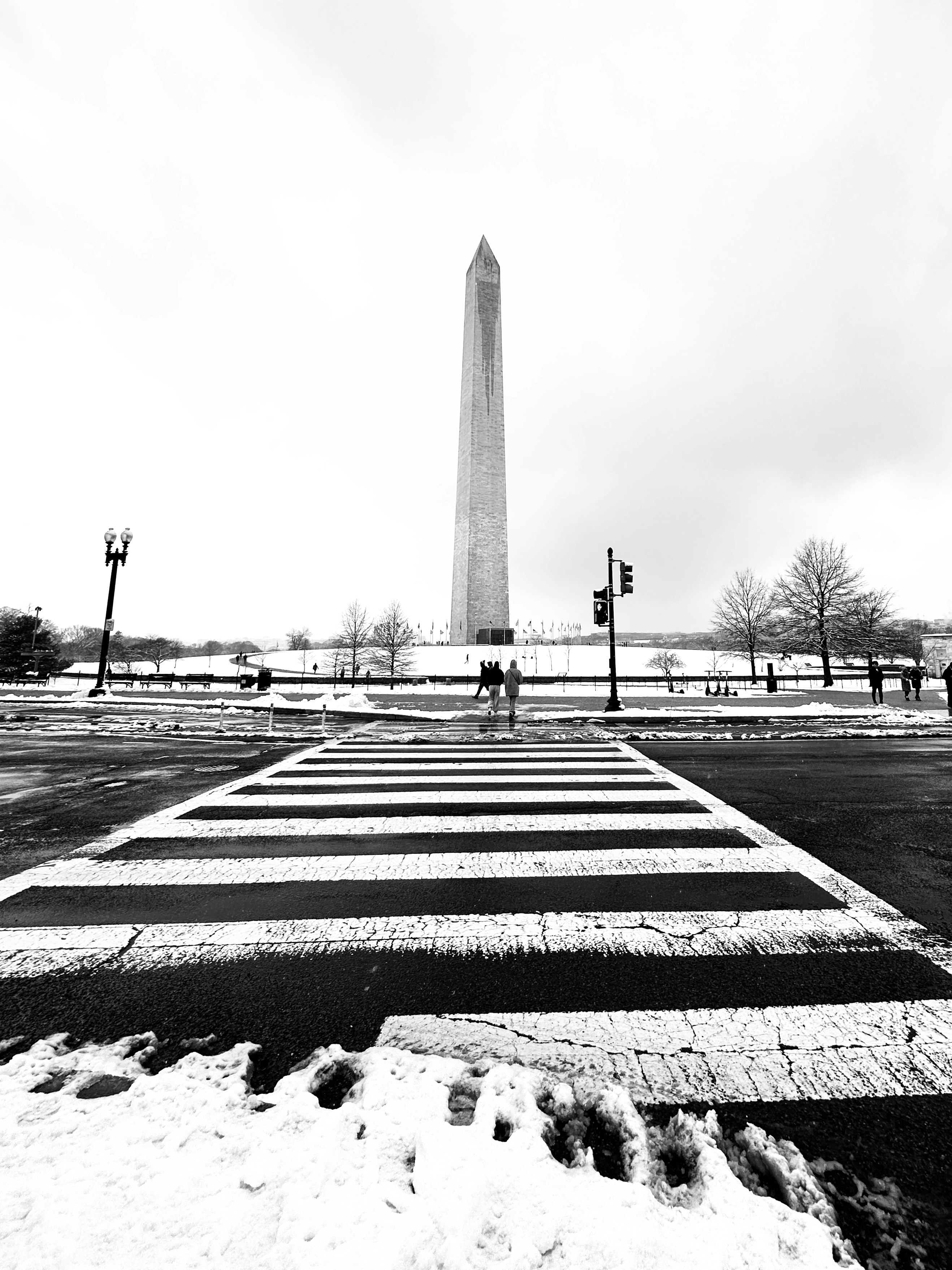 Snowbound Obelisk: Crosswalk Lines Converge on the Monument
