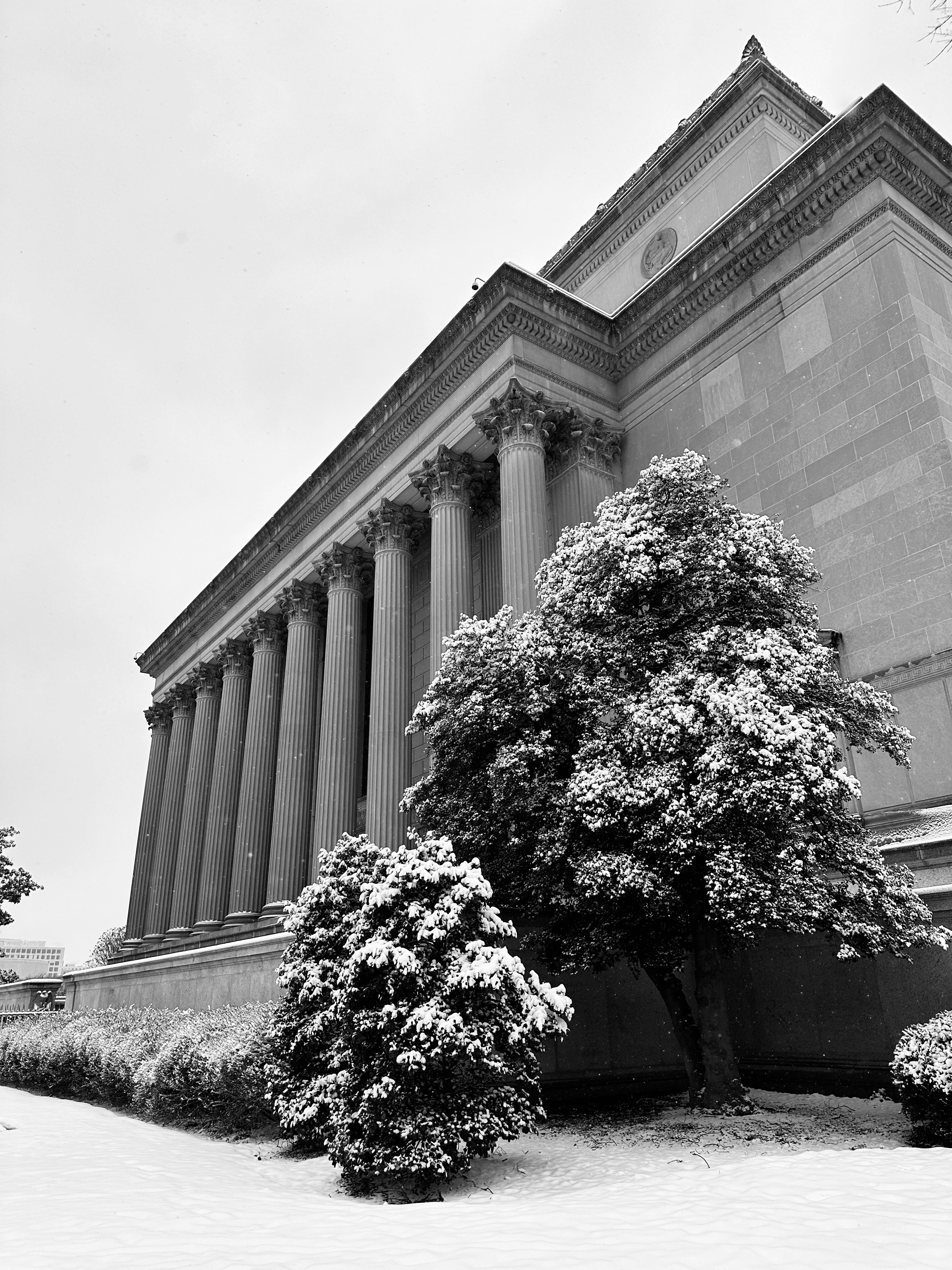 Snow on the Colonnade: A Monochrome Moment of Neoclassical Grandeur