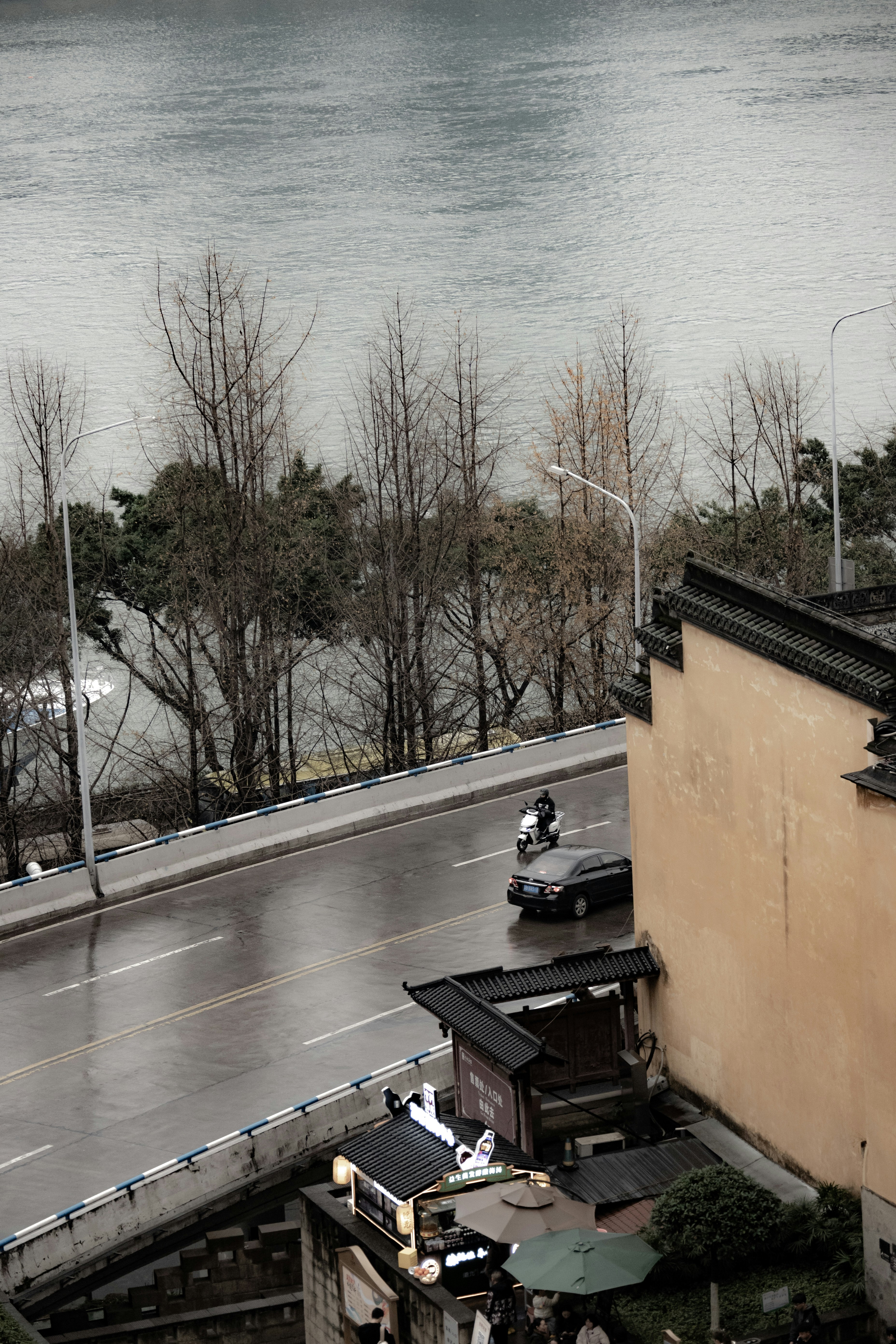 Riverside Boulevard: Bare Trees Framing a Quiet Street by the Wall