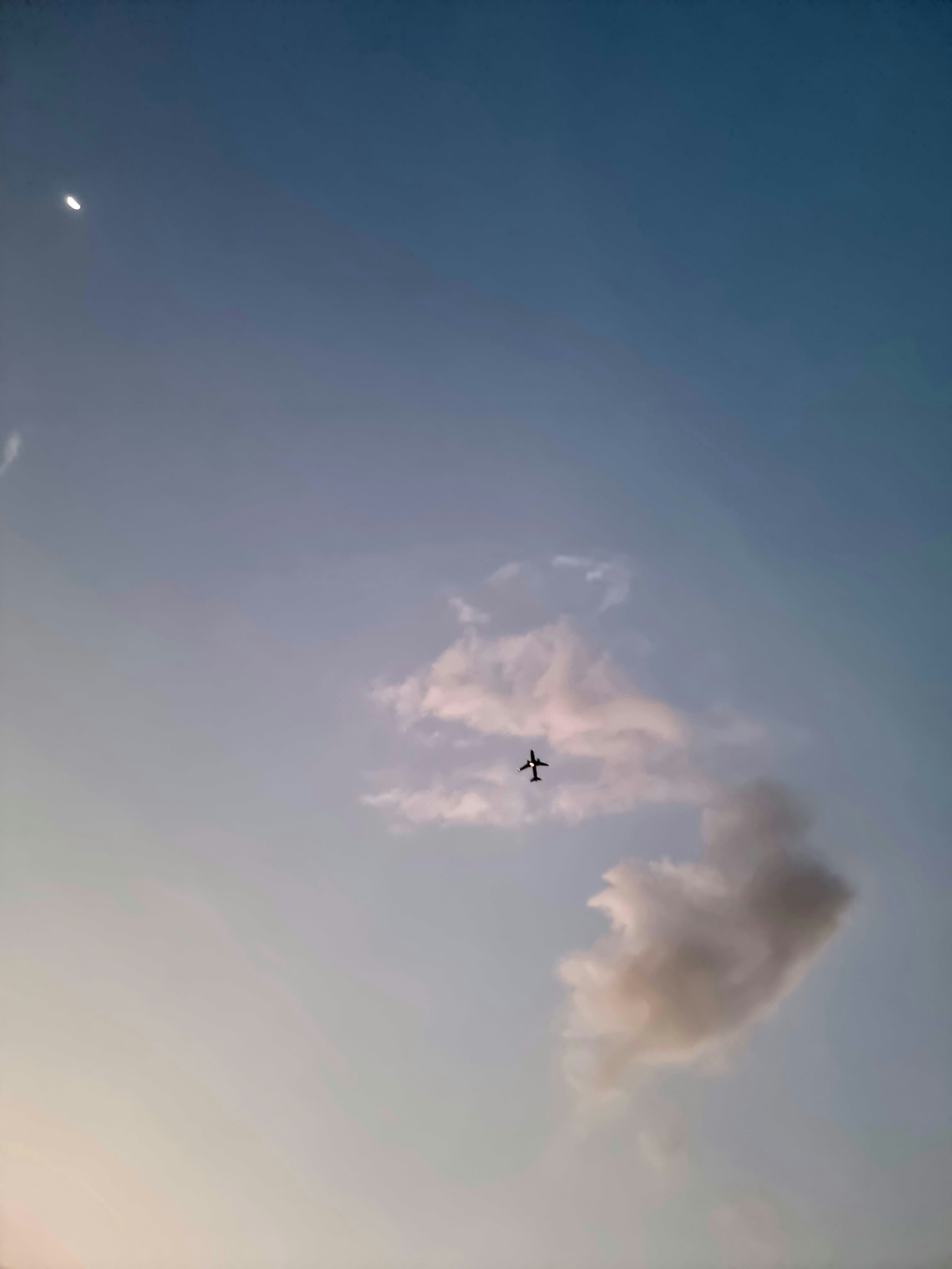 Jet Silhouette Against a Quiet Dusk Sky with a Crescent Moon