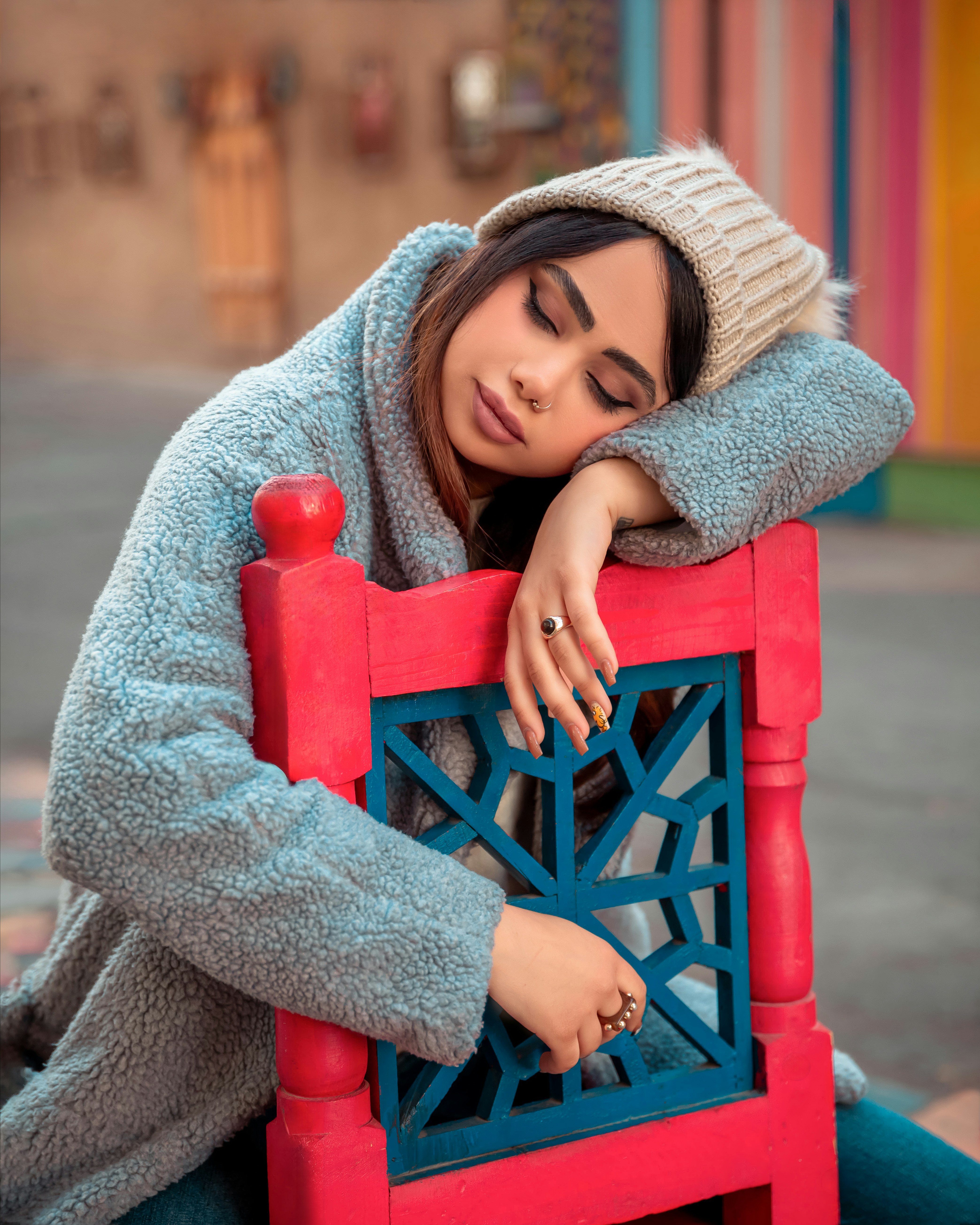 Cozy Blue Knit, Red Chair, Quiet City Awake