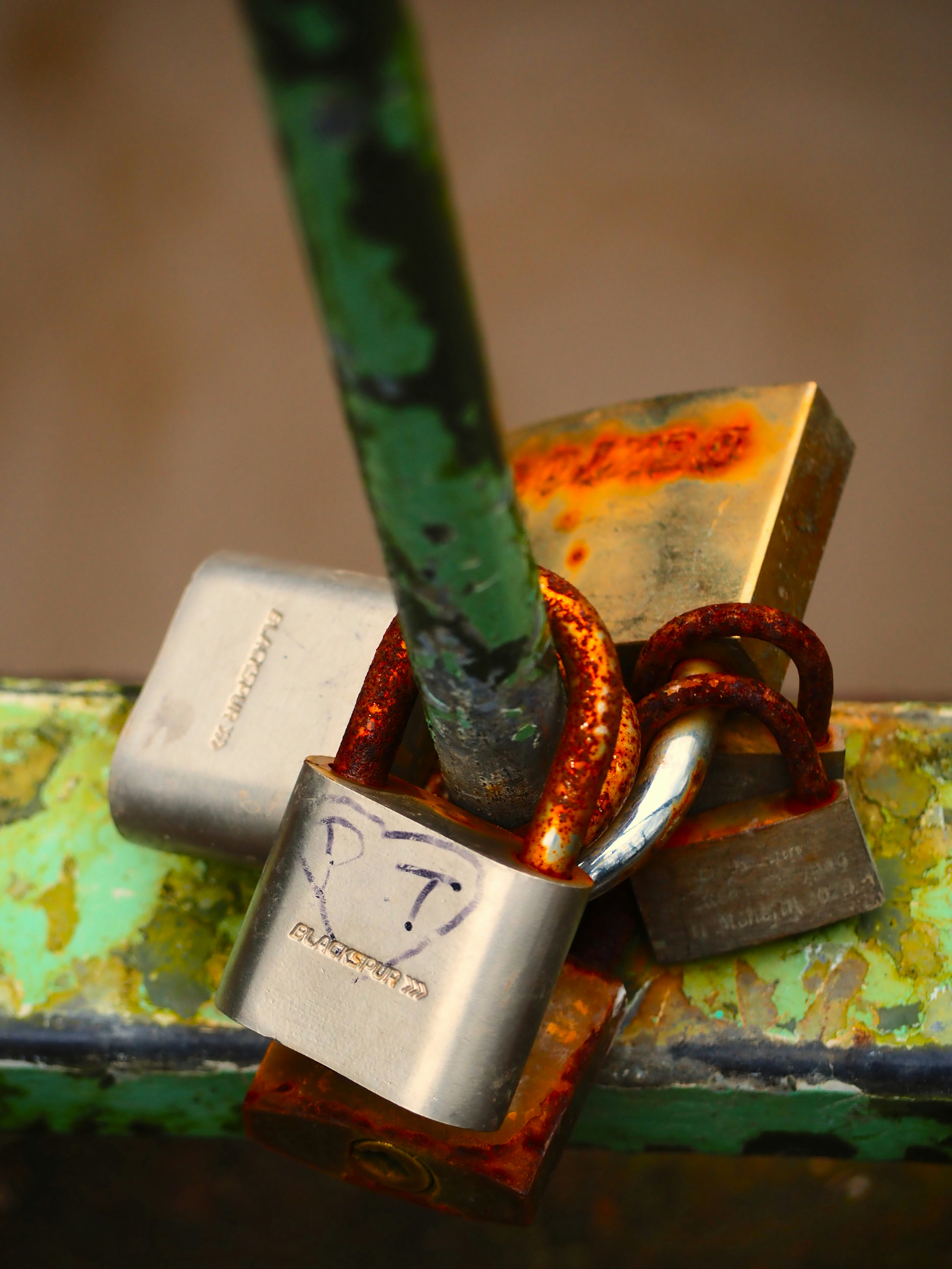 Three weathered padlocks intertwined on a rusted green railing, showcasing the passage of time and the stories they hold.