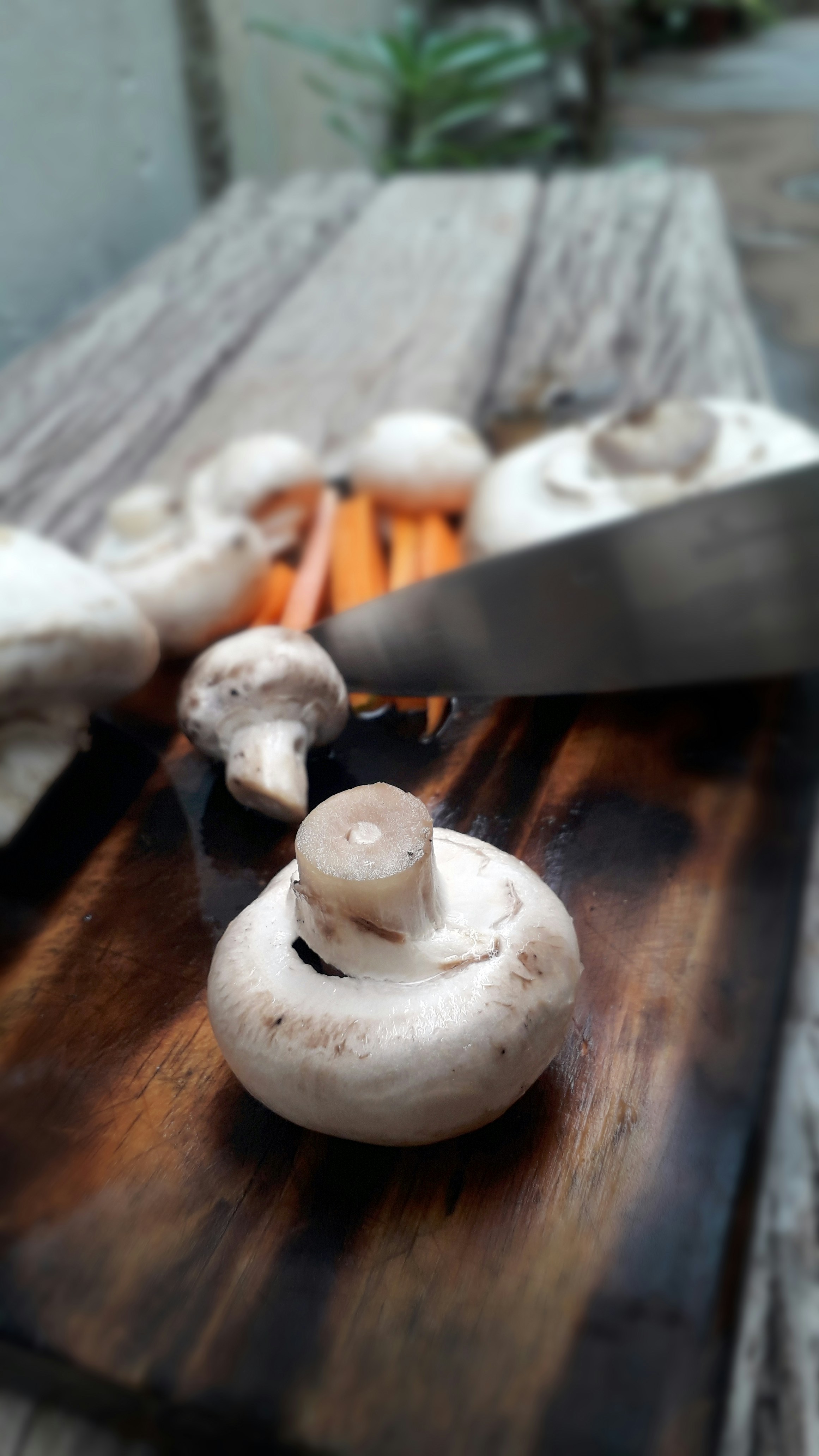 Close-up photograph of button mushrooms arranged on a wooden cutting board, with a sharp knife poised to slice and carrot strips visible near a glowing charcoal fire.