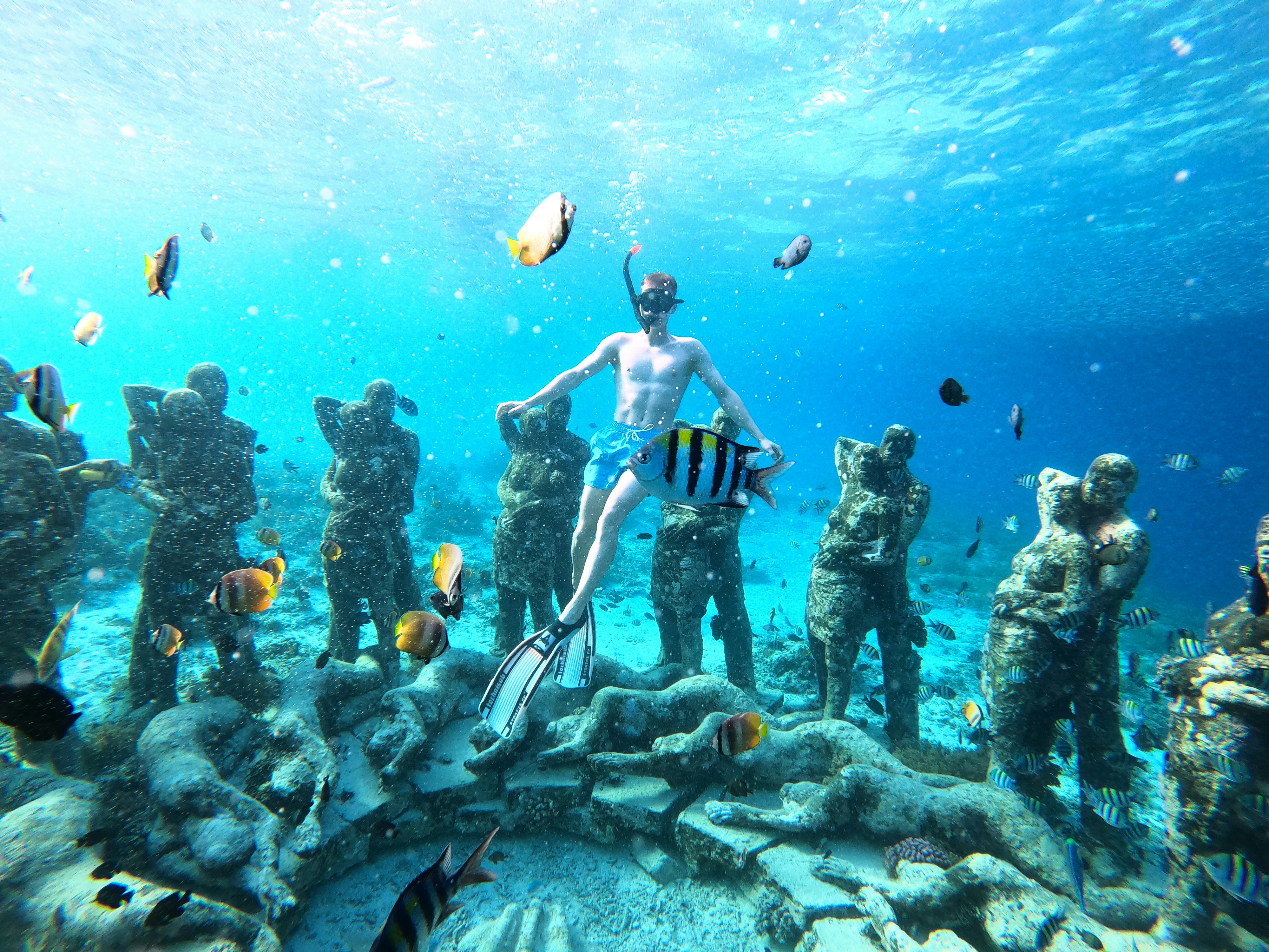 Underwater photograph of a snorkeler hovering above a circular reef platform, surrounded by submerged statue-like figures and colorful tropical fish.