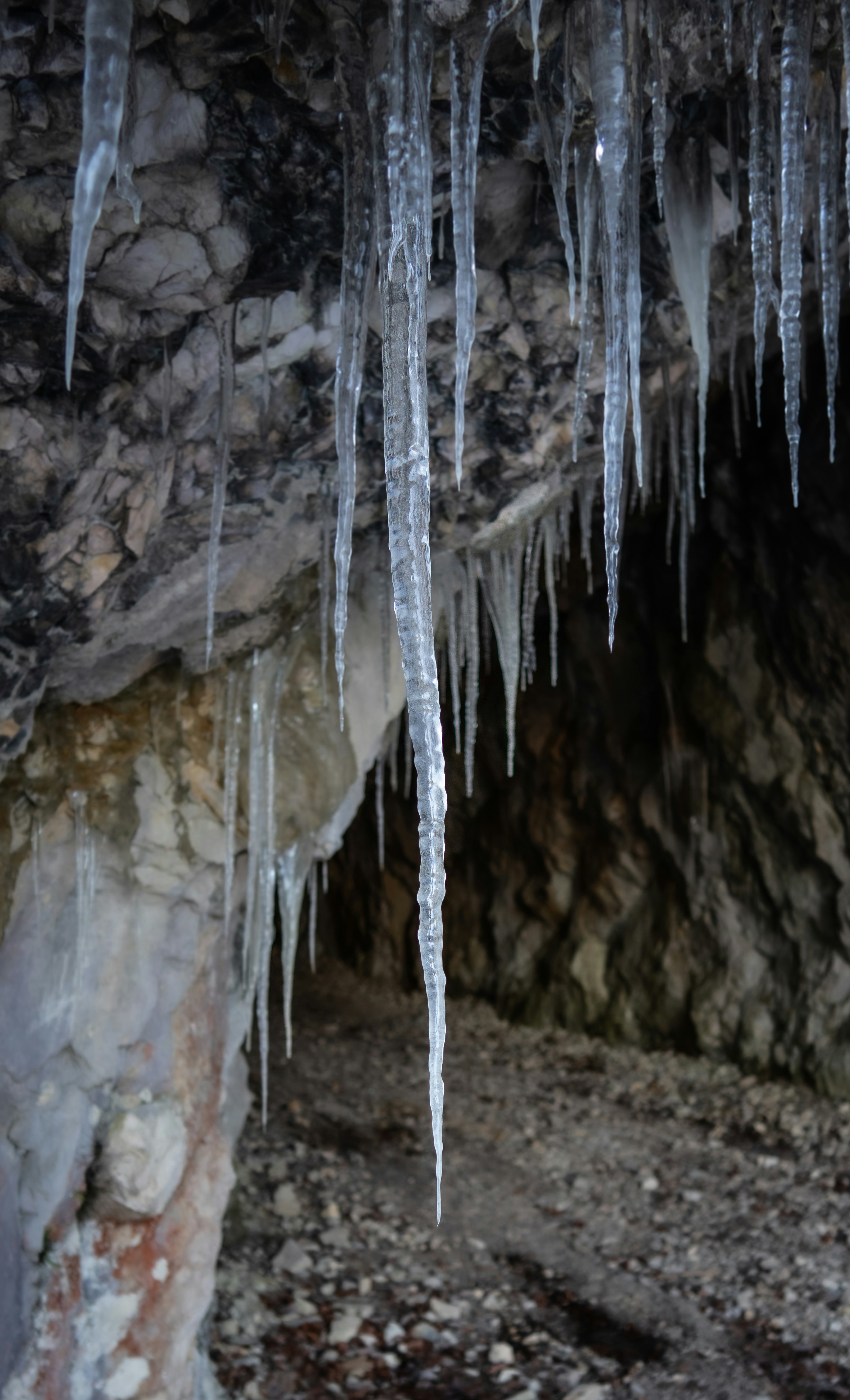 Icicles hanging from a rocky cave ceiling, showcasing the intricate formations of ice in a natural setting.