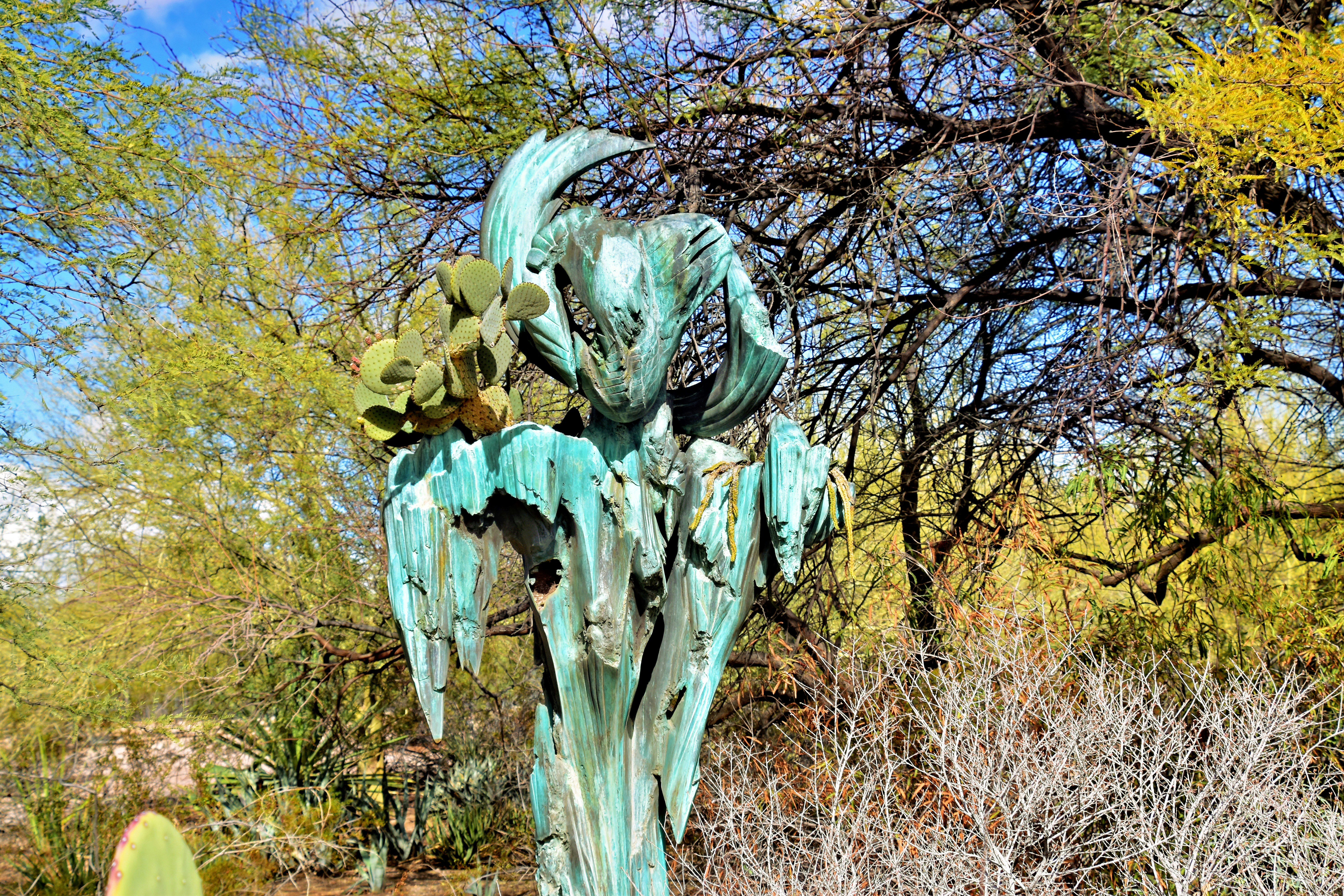 Patinaed Sculpture in Desert Garden Under Late-Spring Trees