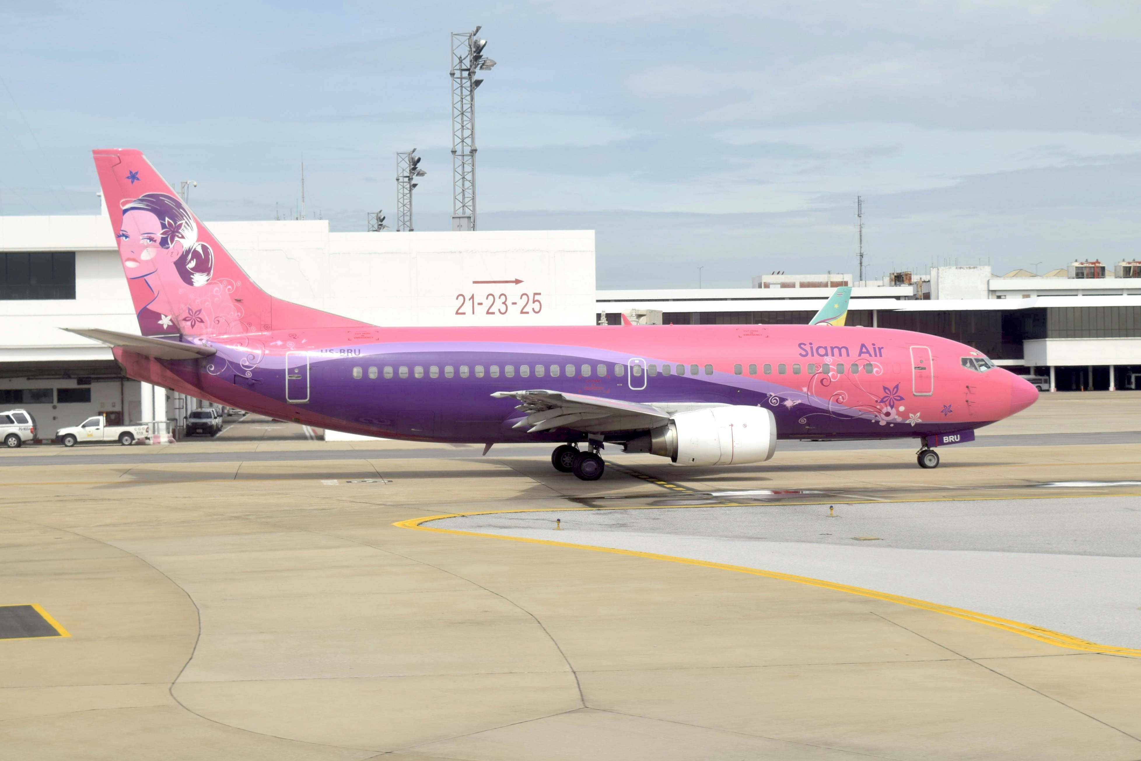 A pink and purple airplane is on the runway photo – Free Bangkok Image ...