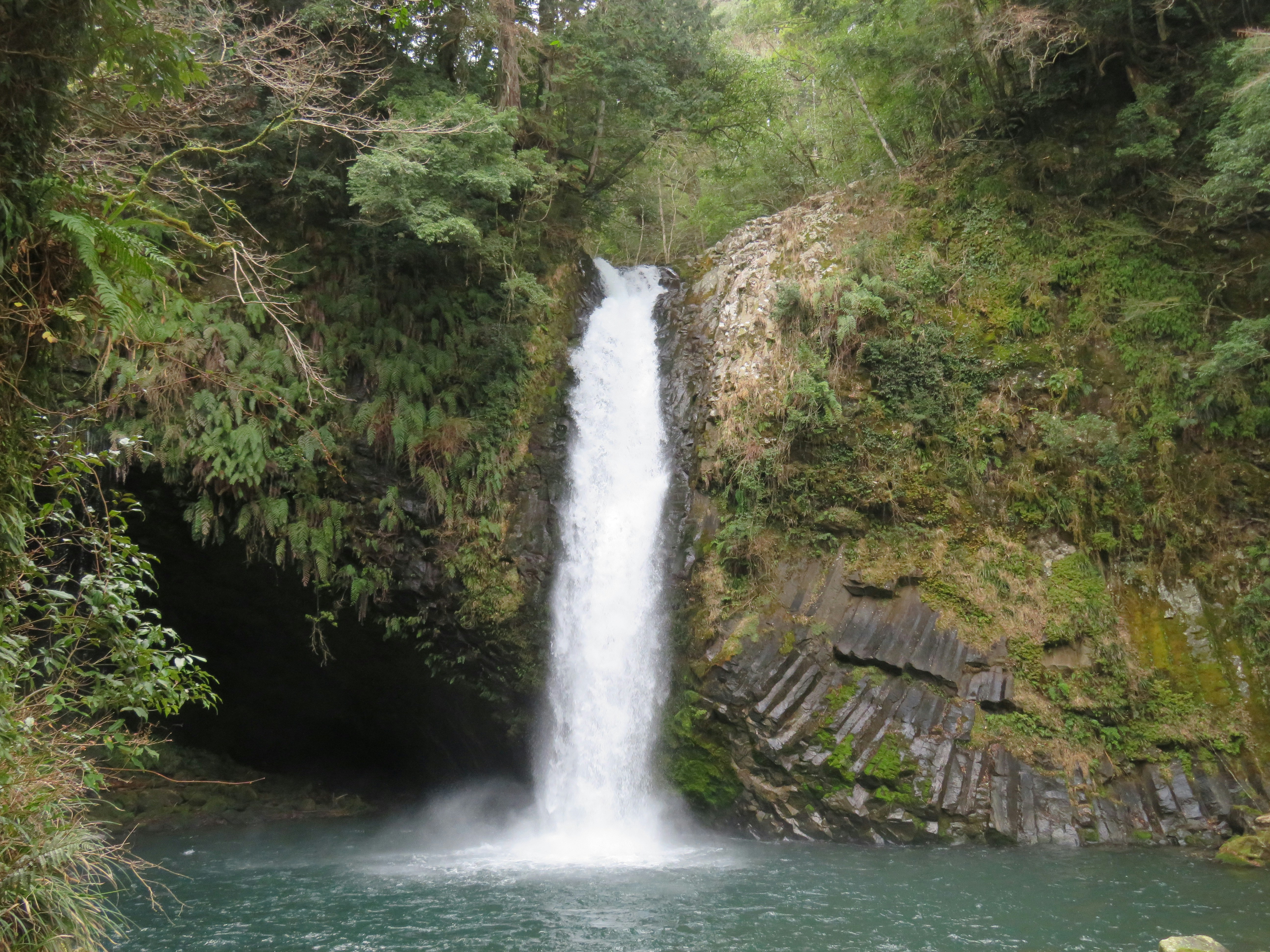 Waterfall plunging into a serene pool surrounded by lush greenery and rocky terrain.