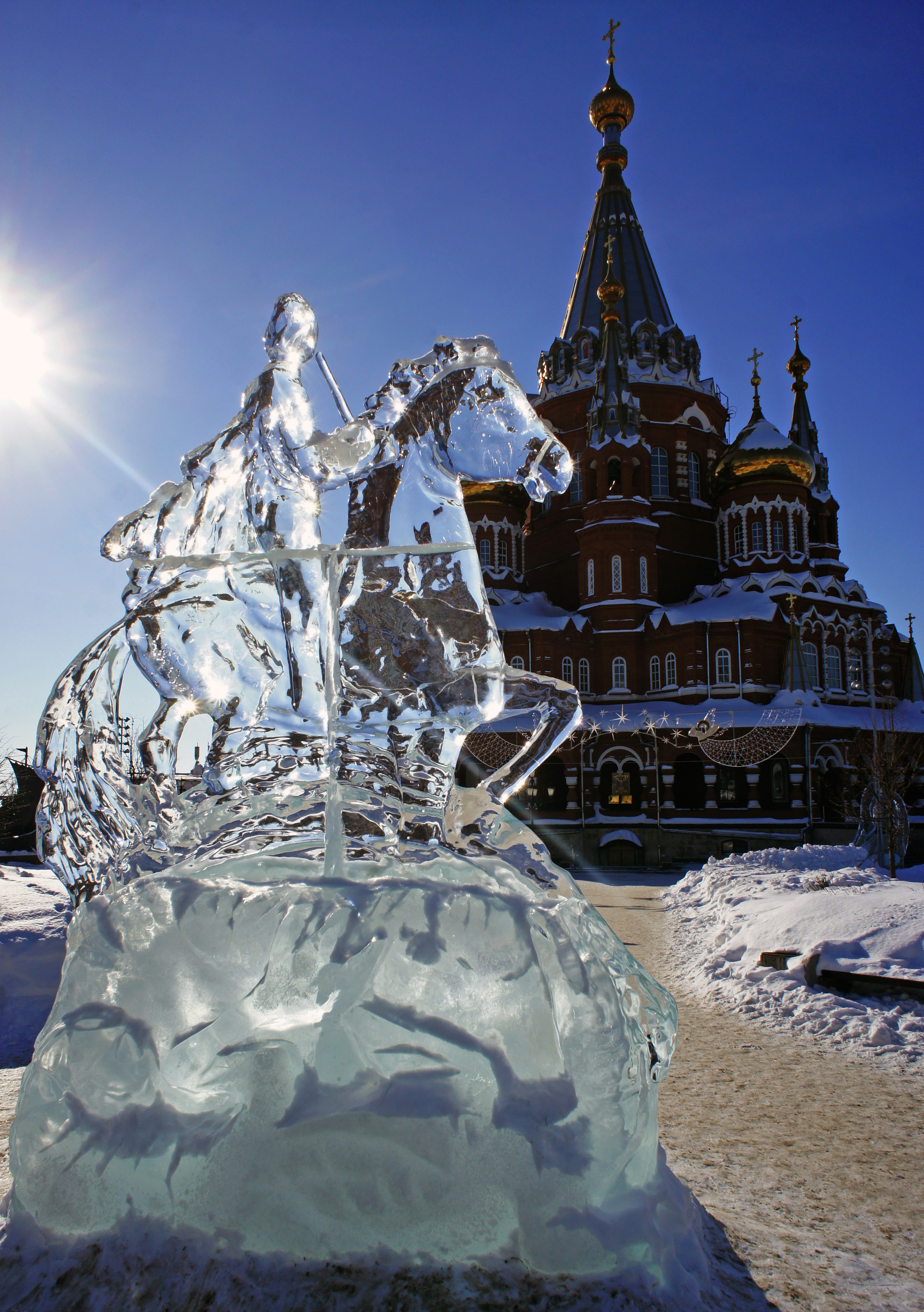 Crystal Horse in Snowfront Framing an Onion-Domed Cathedral