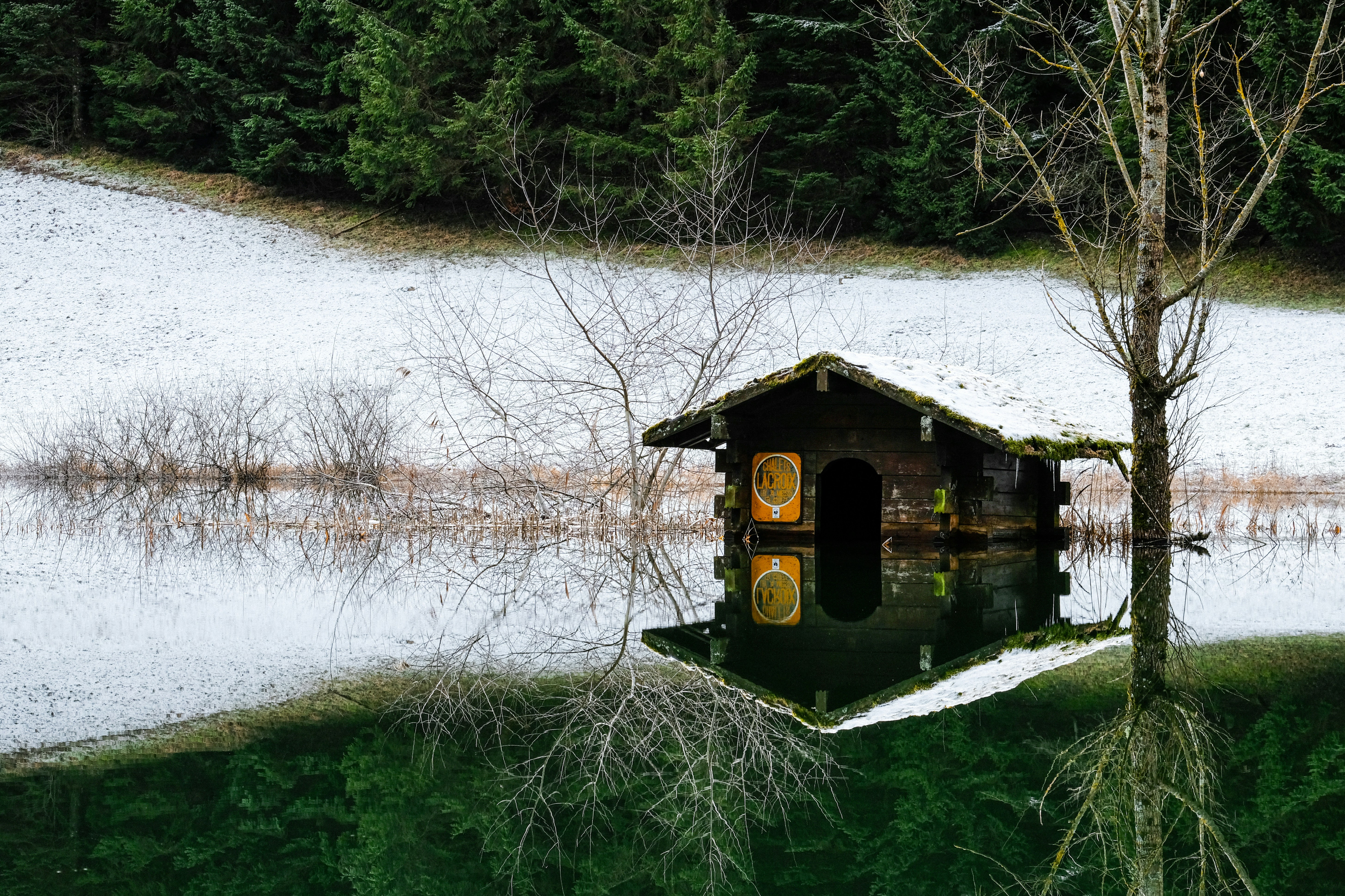 Serene Reflection: Cabin by the Waterside