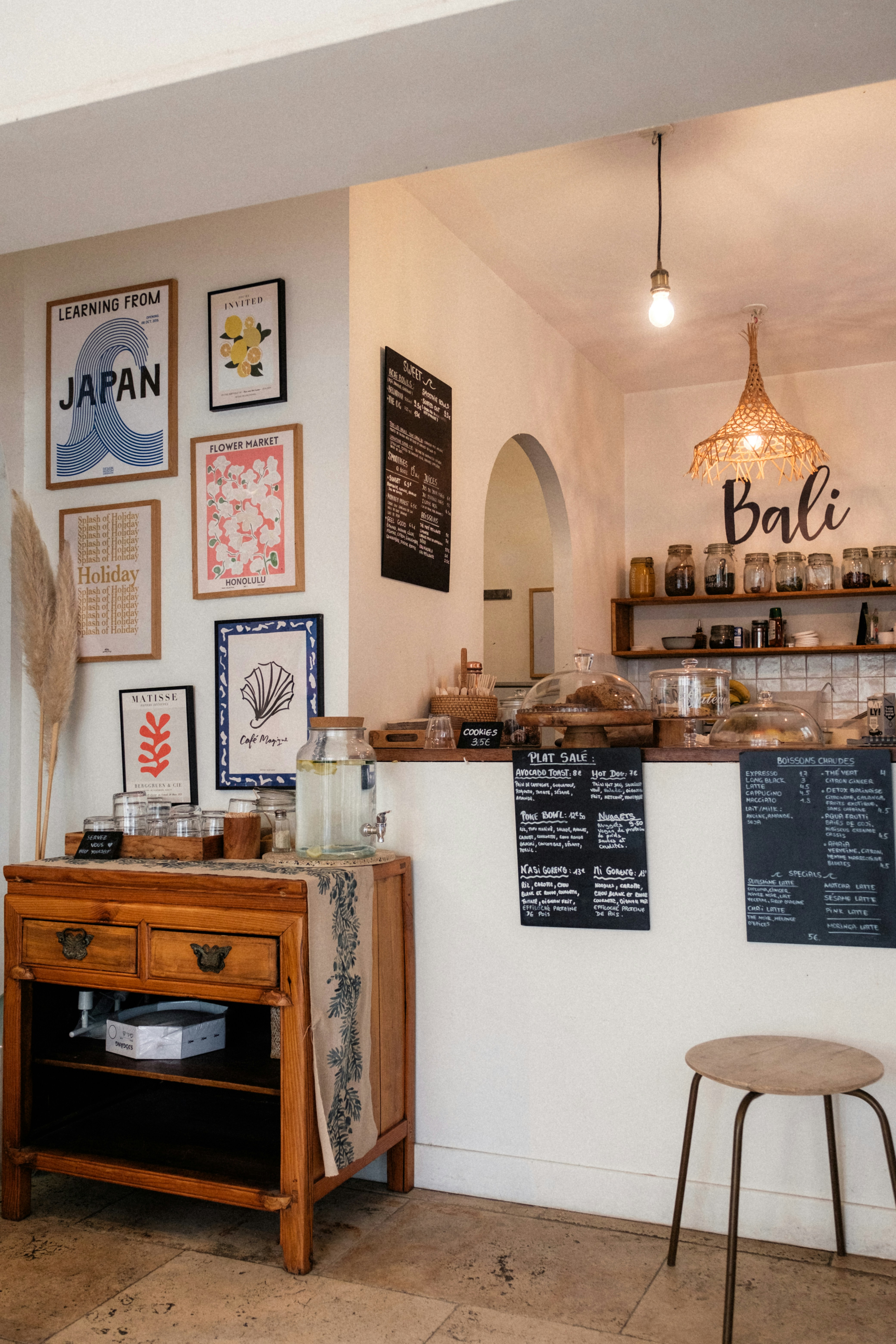 Bali-inspired Café Corner with Display Shelves and Menu Boards