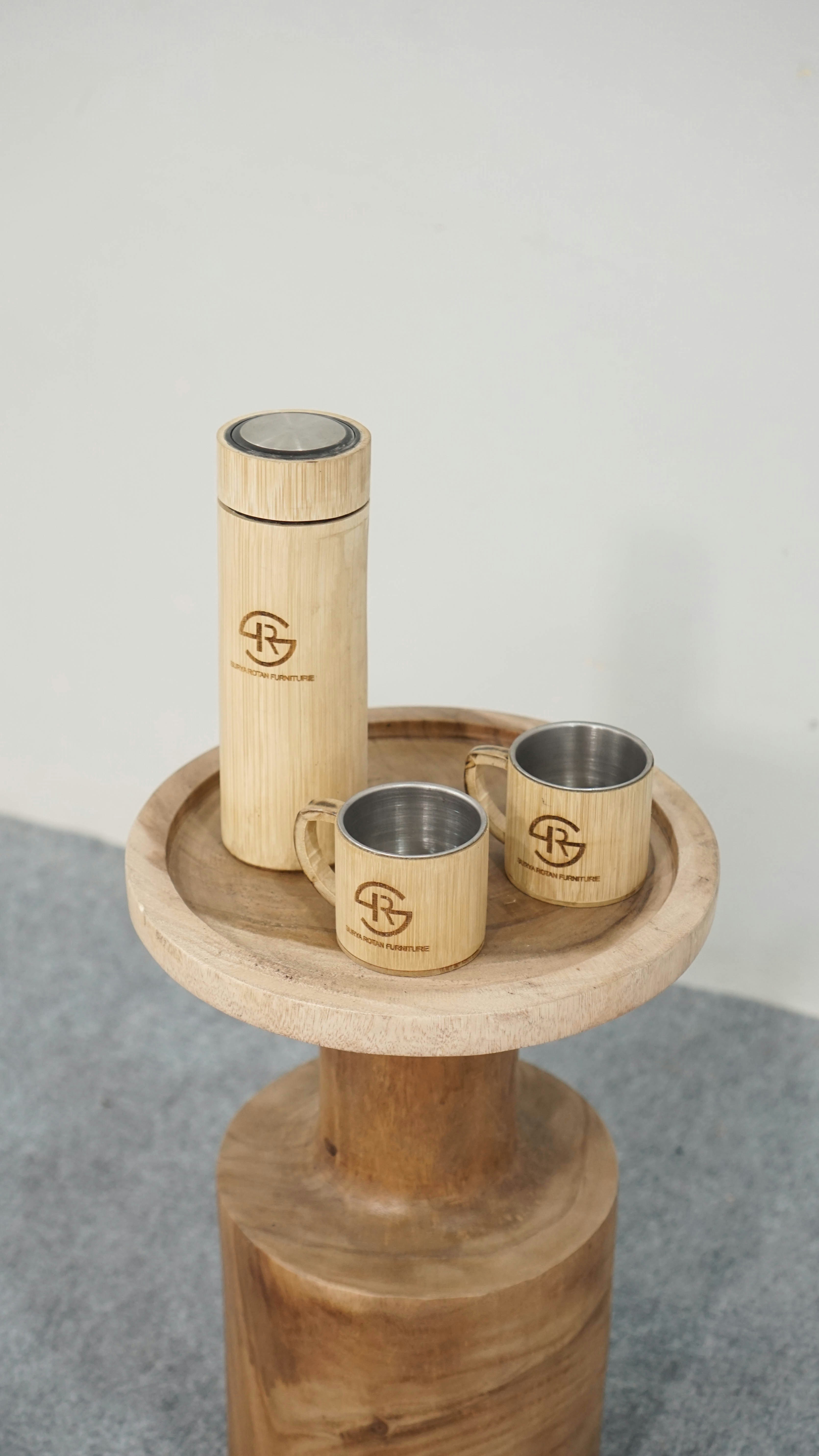 Wooden Vessel: A Trio of Pouring Cups on a Touched-By-Nature Stand