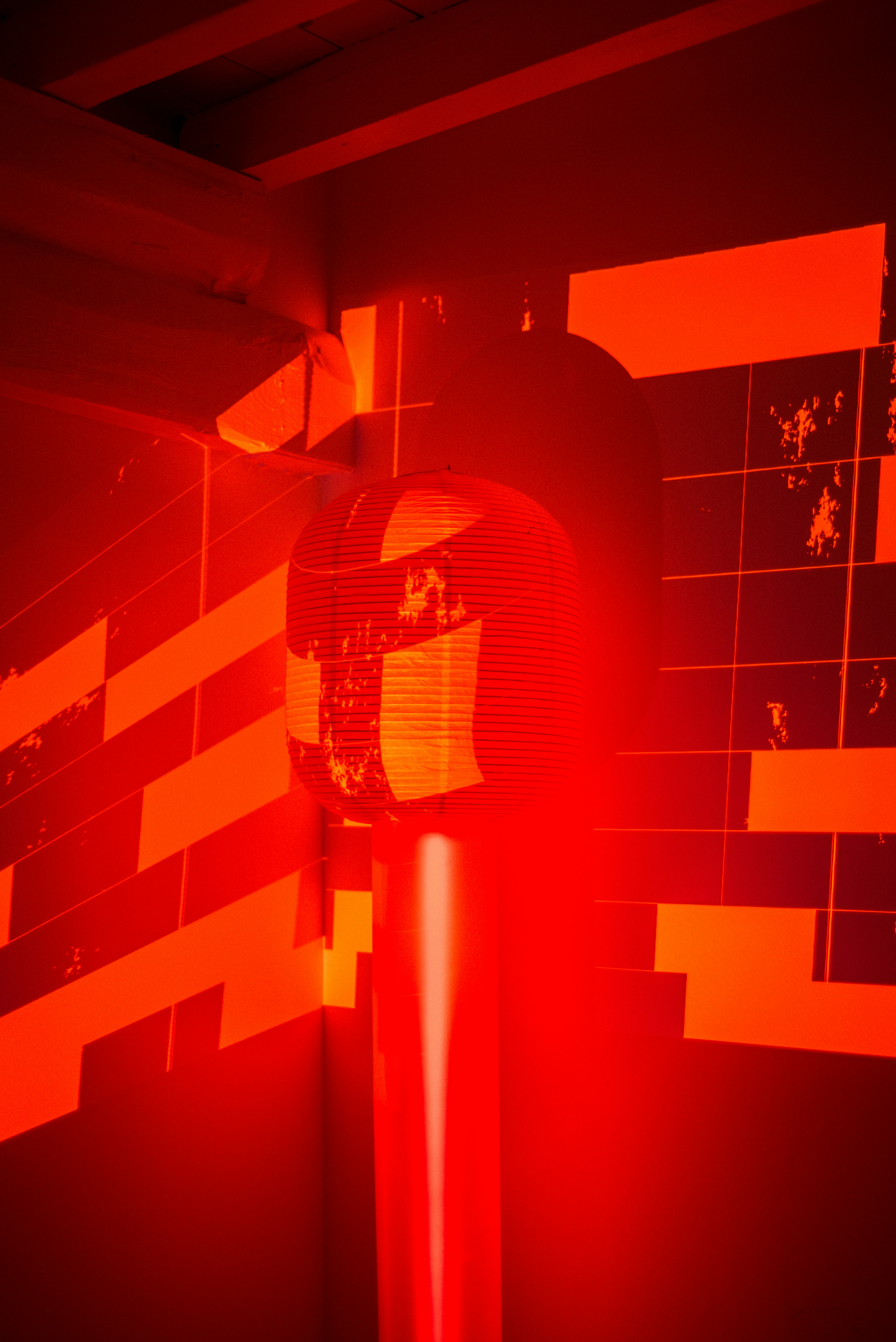 Crimson Radiance in a Neon-Tiled Corner