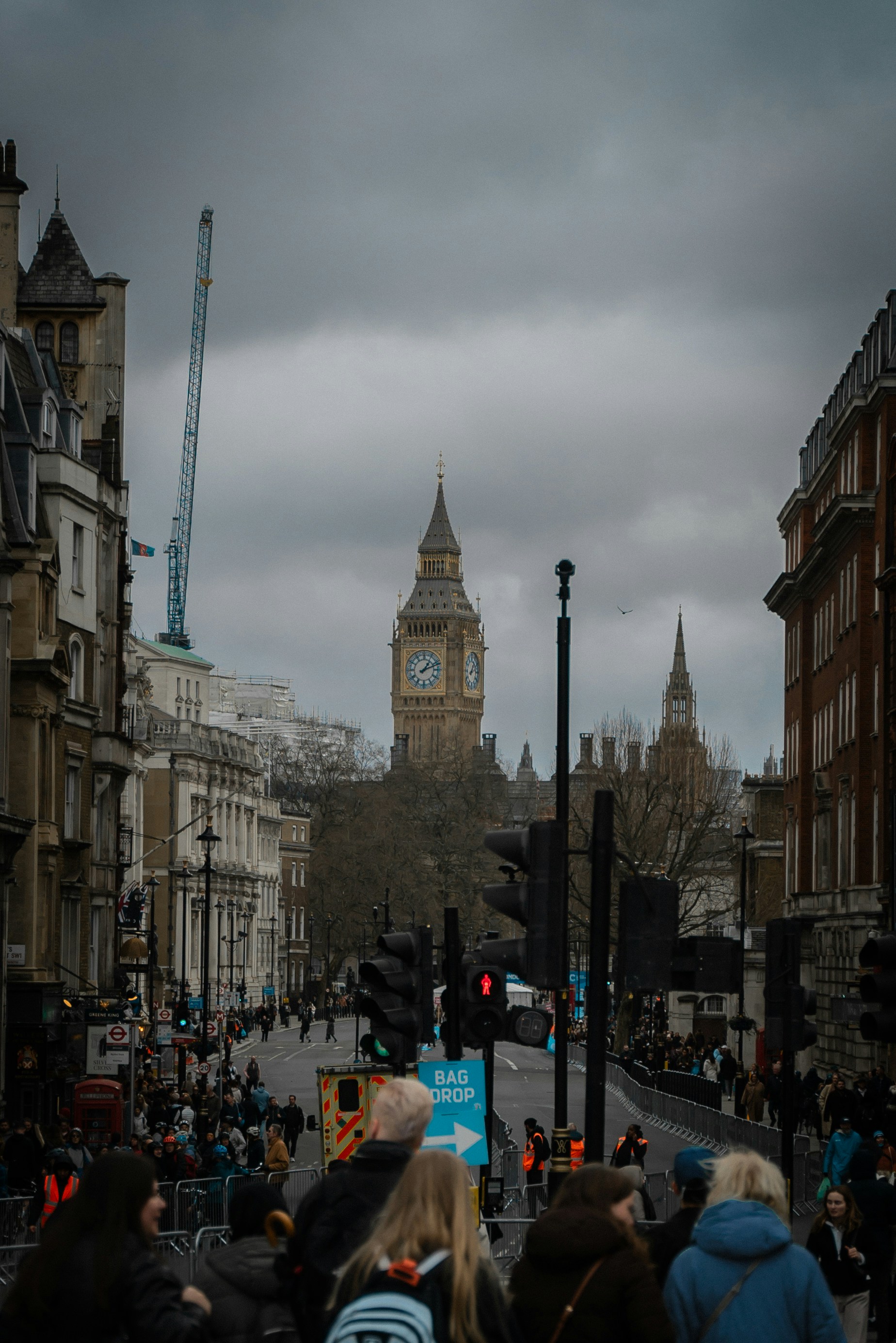 Westminster in Grey: Crowds, Crane, and the Clocktower