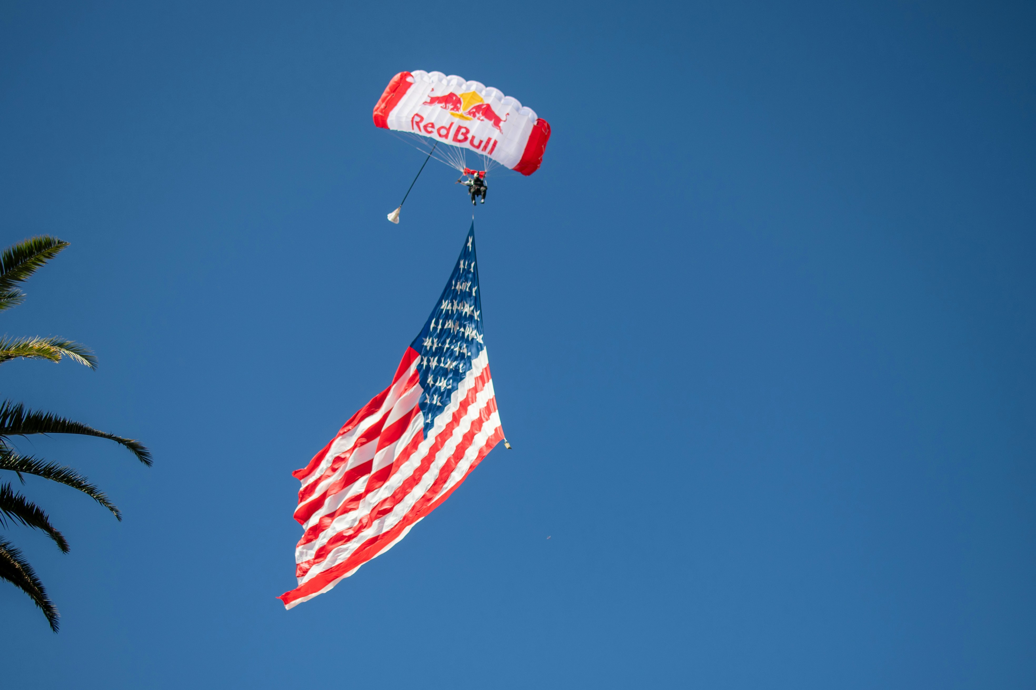 A red bull kite flying in the sky with an american flag photo – Free ...