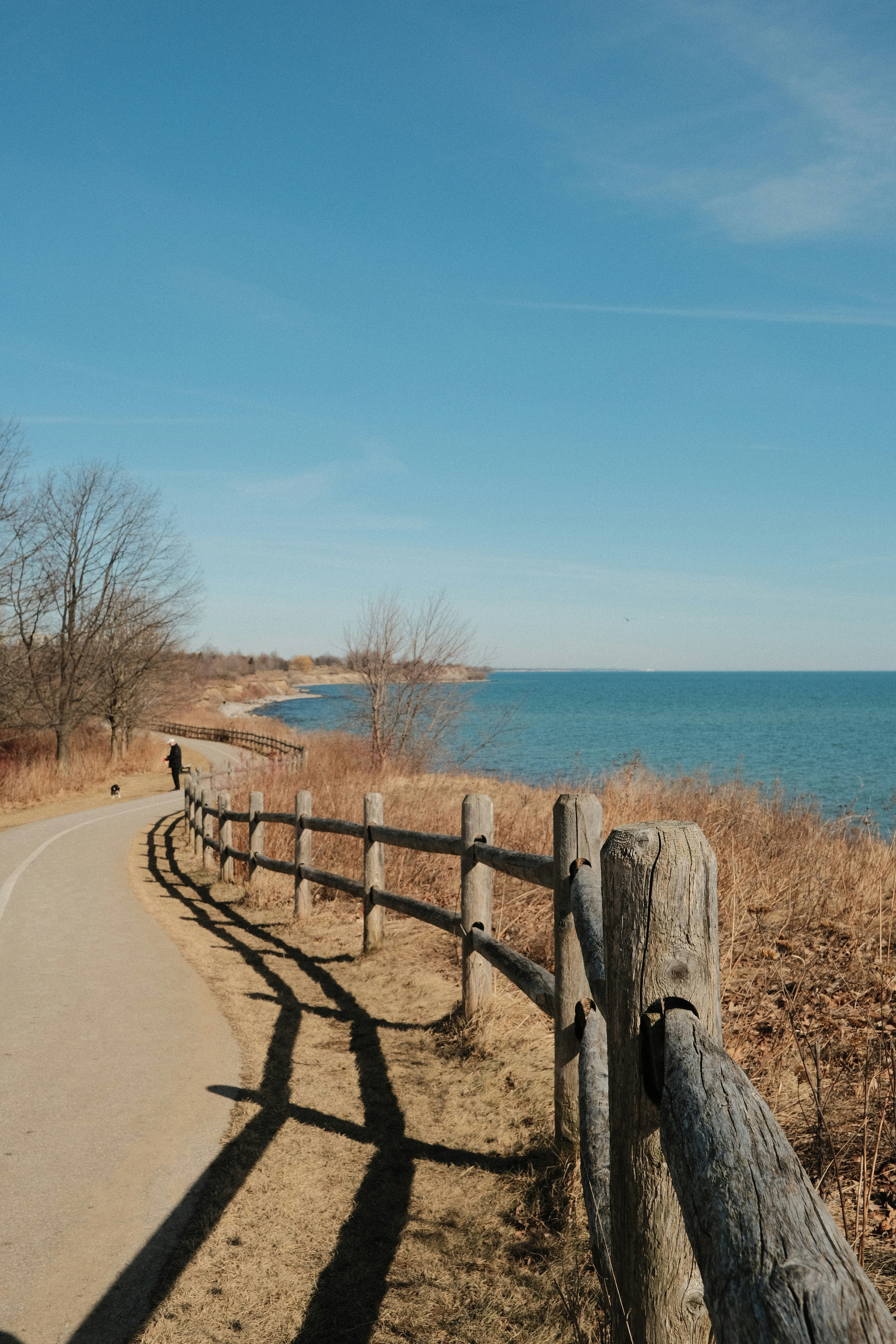 Shadows Along a Lakeside Fence: A Quiet Coastal Path