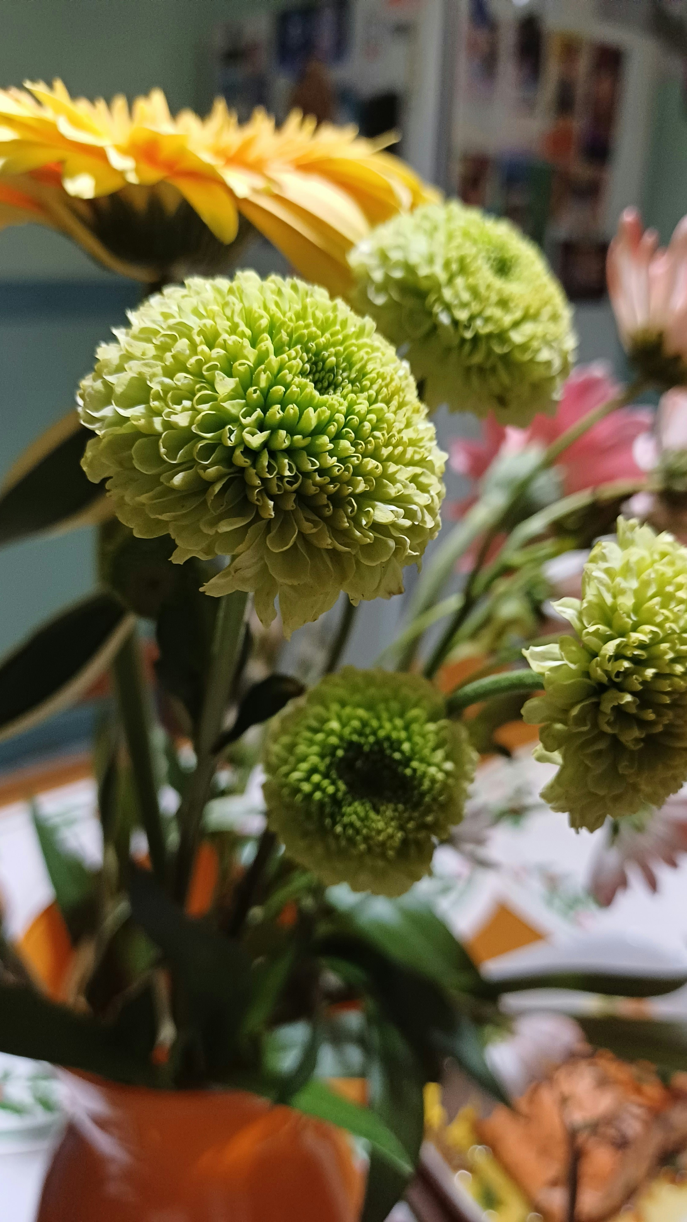 A bouquet featuring lush green pom-pom flowers complemented by bright yellow petals, arranged in a cheerful vase. The composition highlights the intricate details and colors of the floral arrangement.
