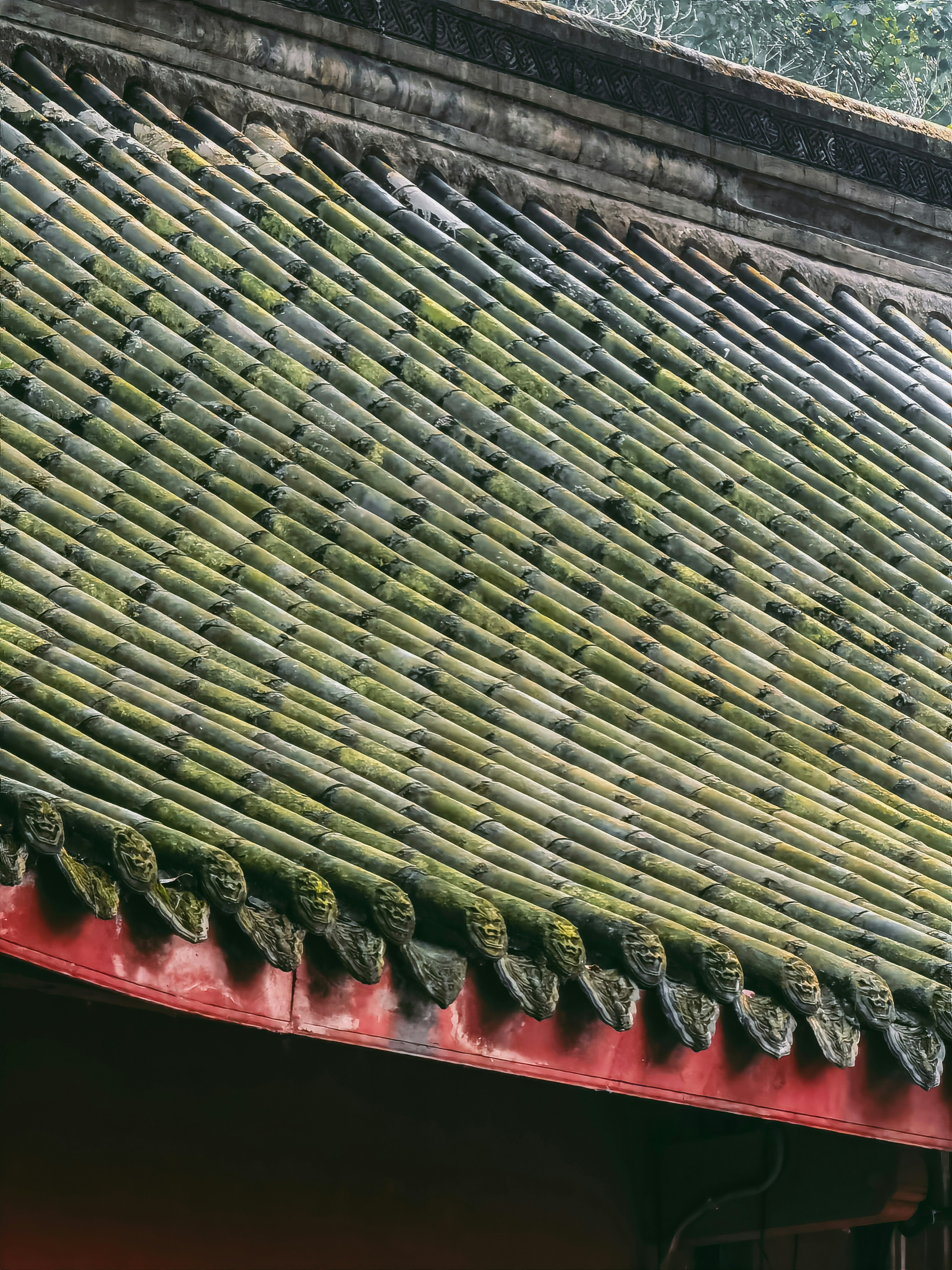 Moss-coated ceramic tiles run diagonally across a traditional roof, framed by weathered red trim.