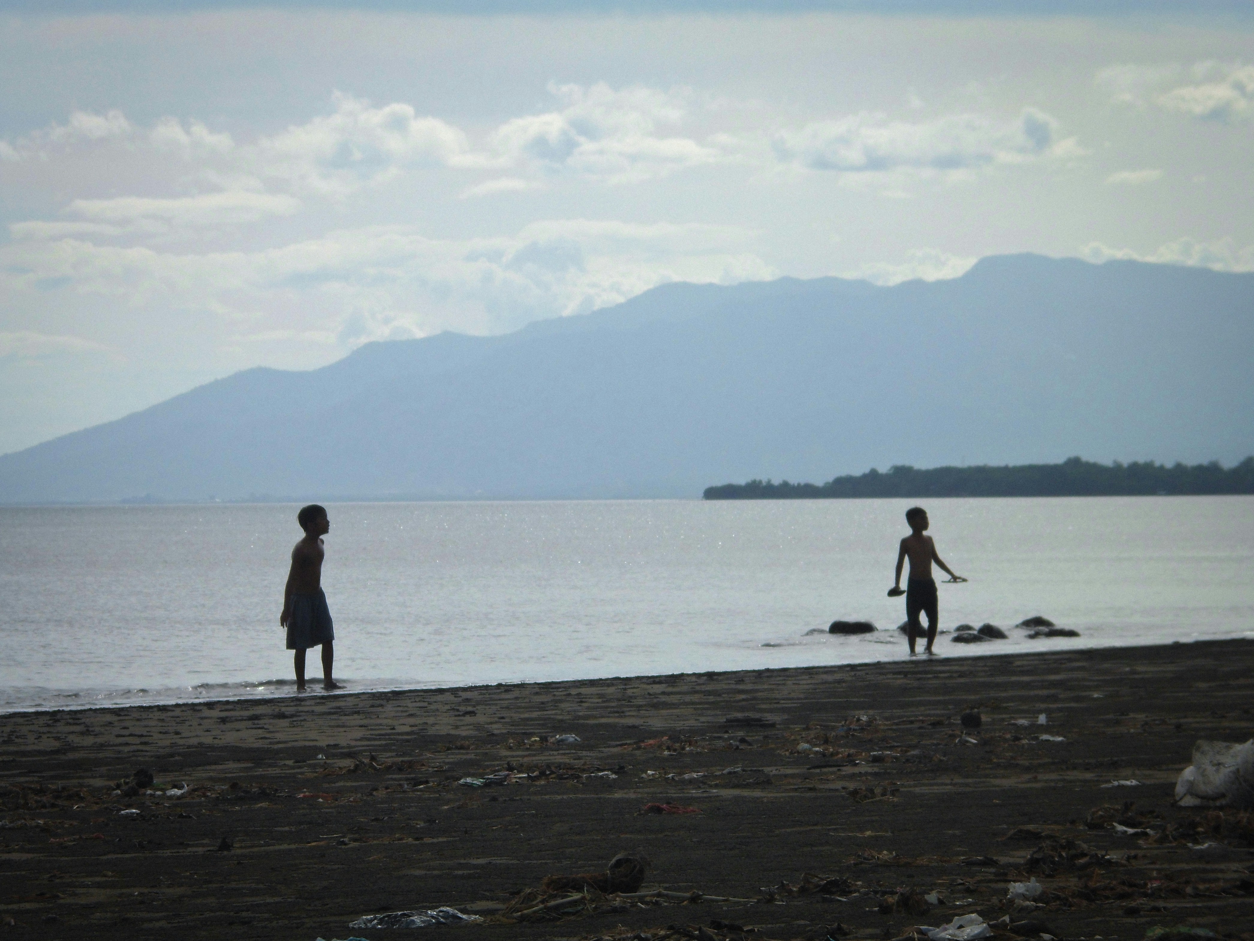 Two figures walking along a serene beach with distant mountains under a cloudy sky.
