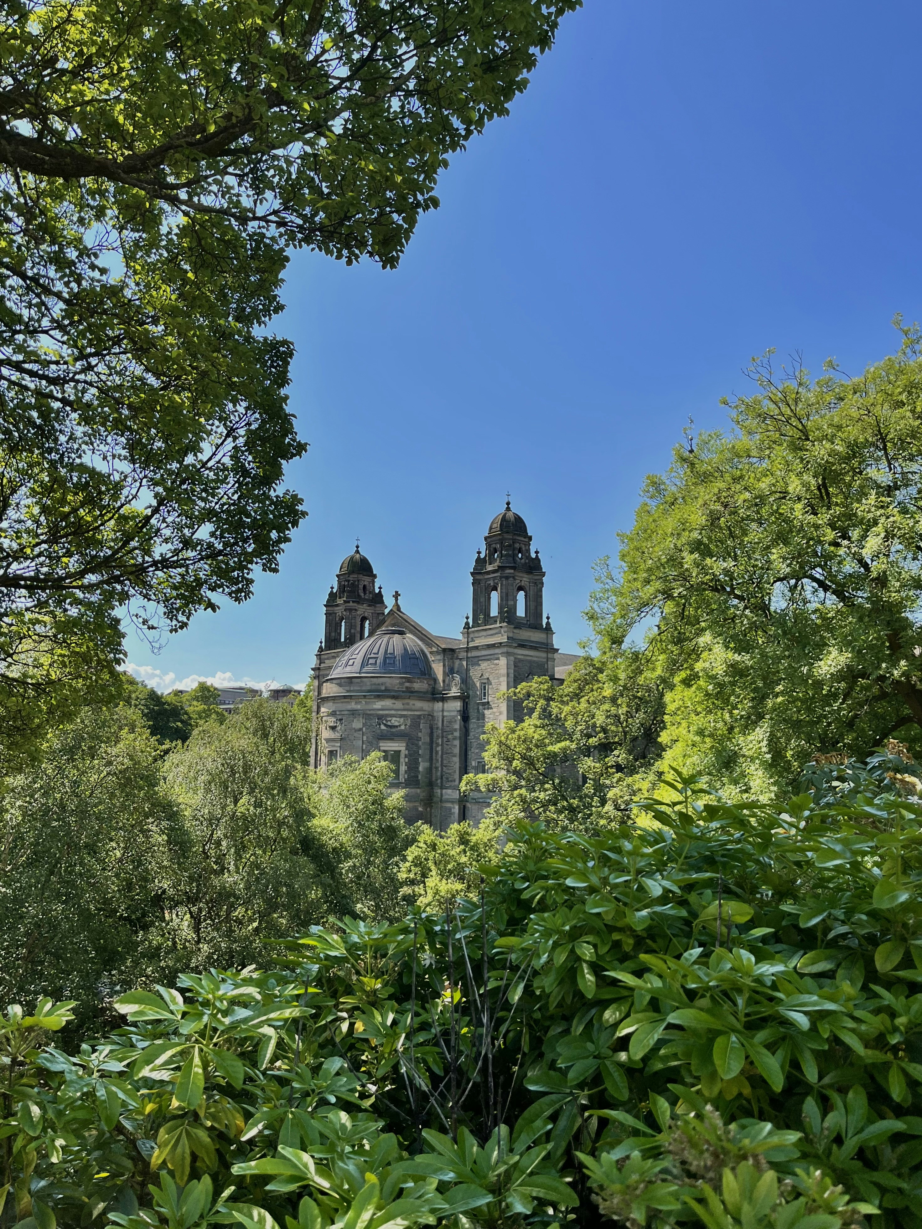Cathedral Towers Piercing a Lush Canopy Under a Cerulean Sky