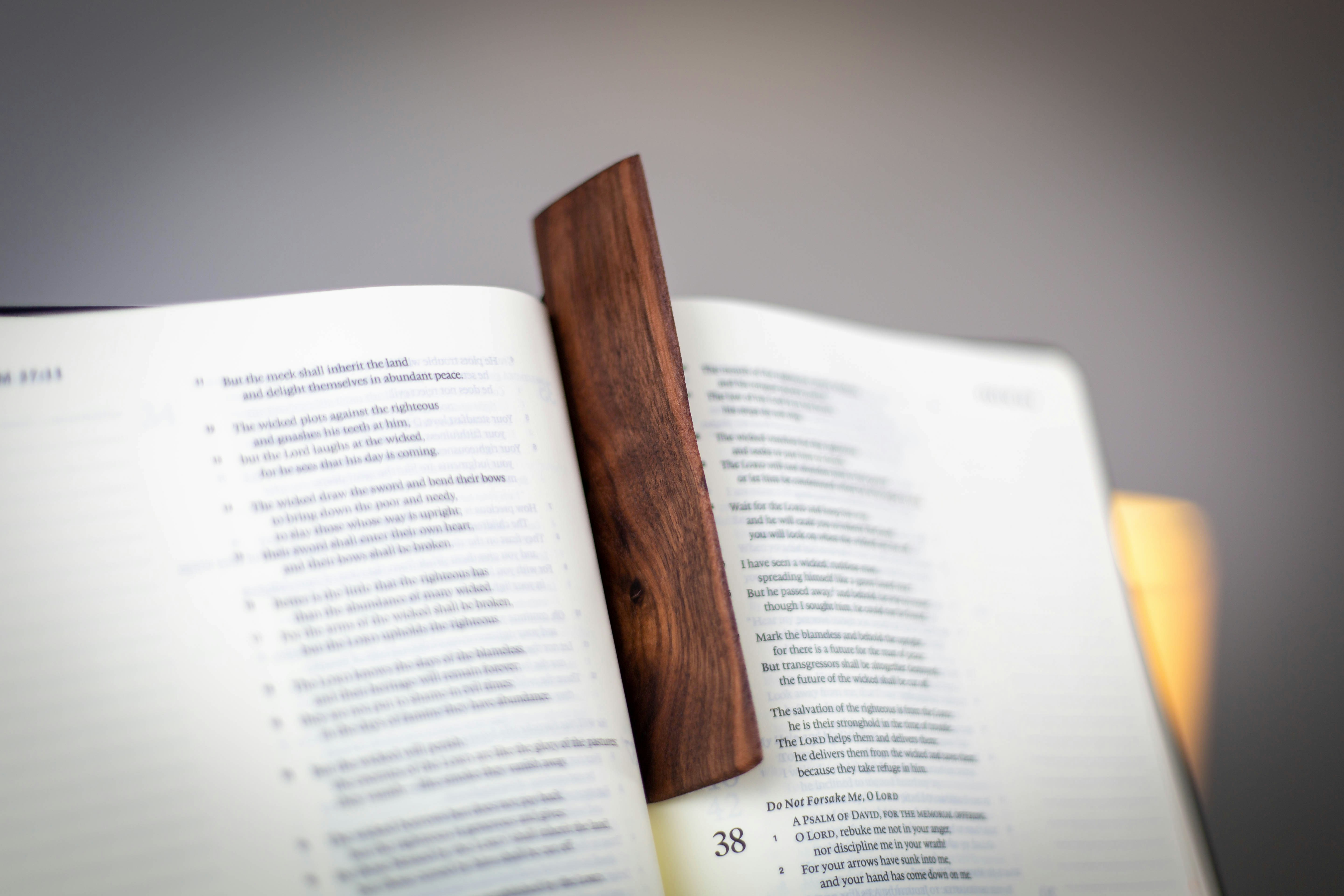 Open book with a wooden bookmark resting on the pages, highlighting the text. Soft light creates a serene atmosphere.