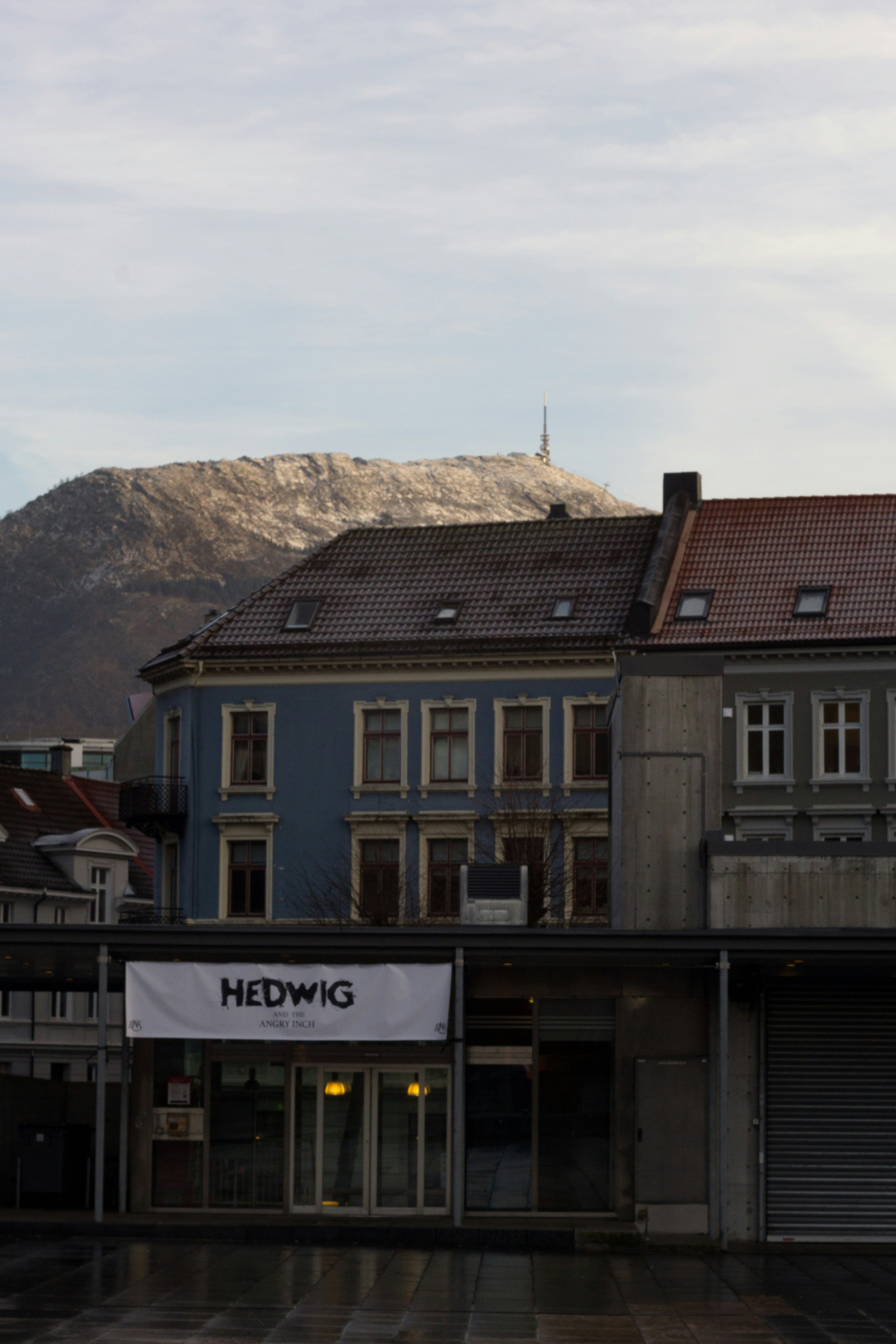 Hedwig Banner on a Blue Facade: Quiet Street Beneath Alpine Ridge