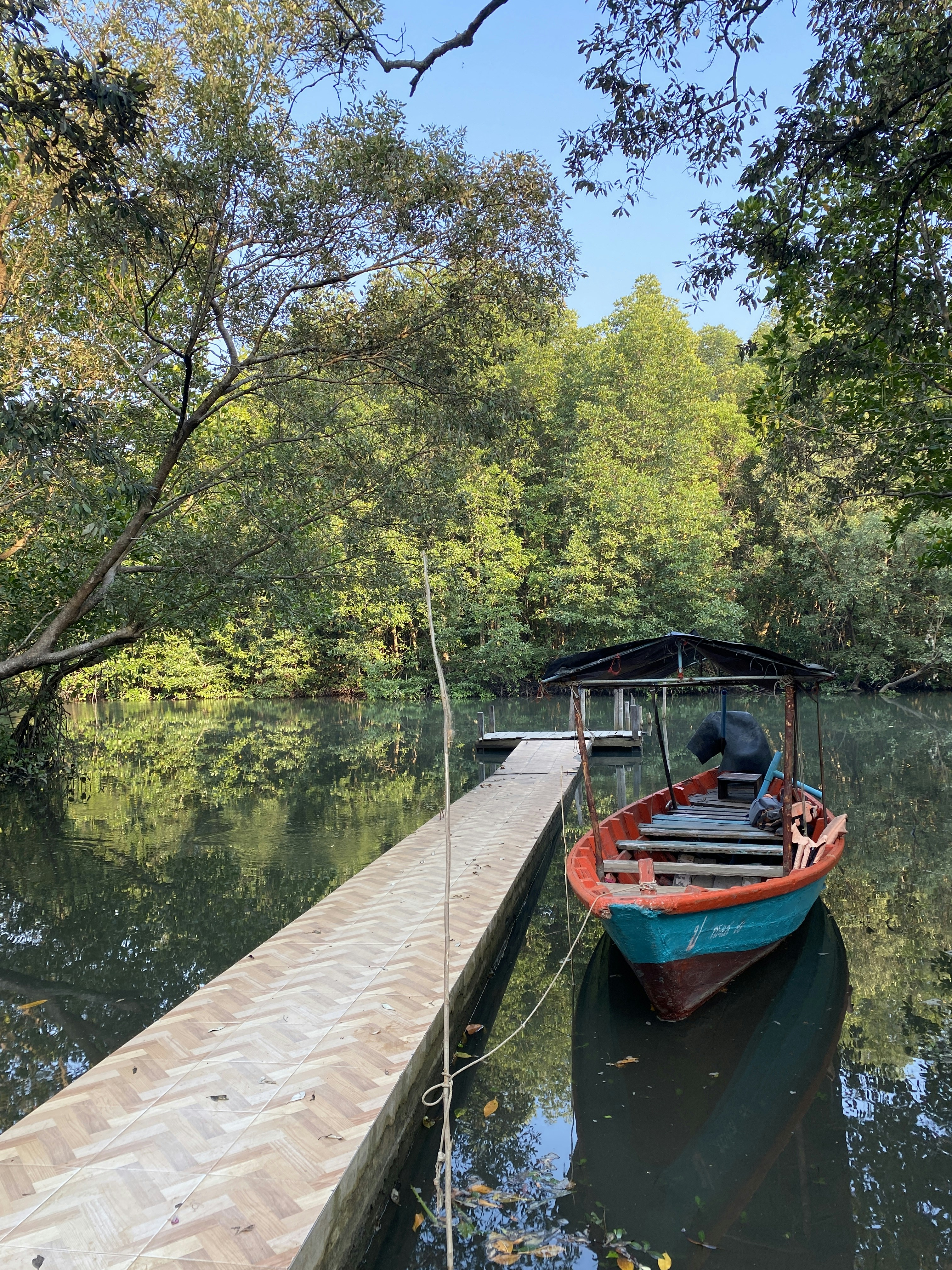 A passenger boat moored at the mangrove forest Tung Prong Thong, near the town of Klaeng | a boat docked at a dock in the middle of a river