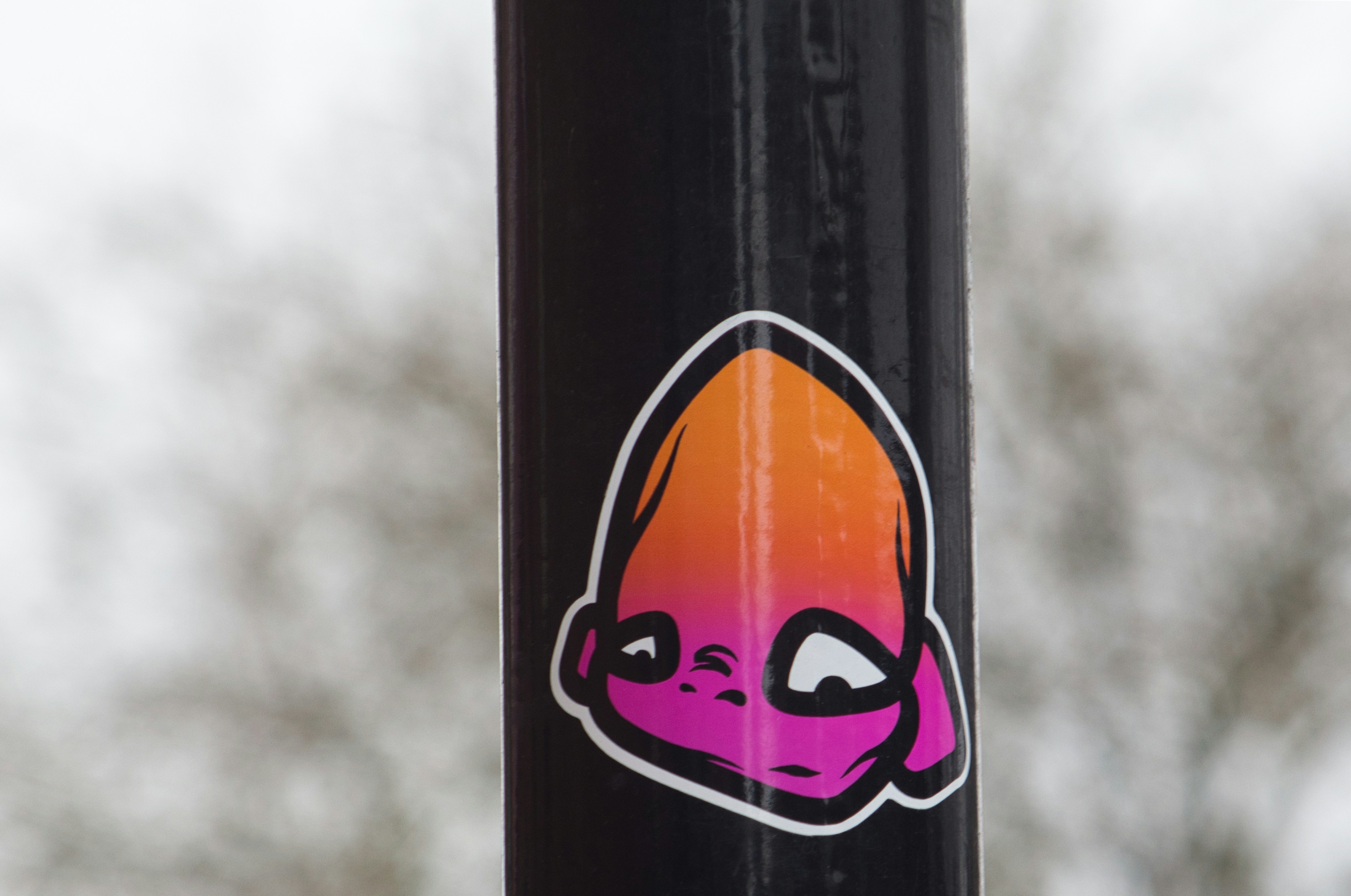 Gradient Grin on a Street Pole: Neon Sticker Portrait