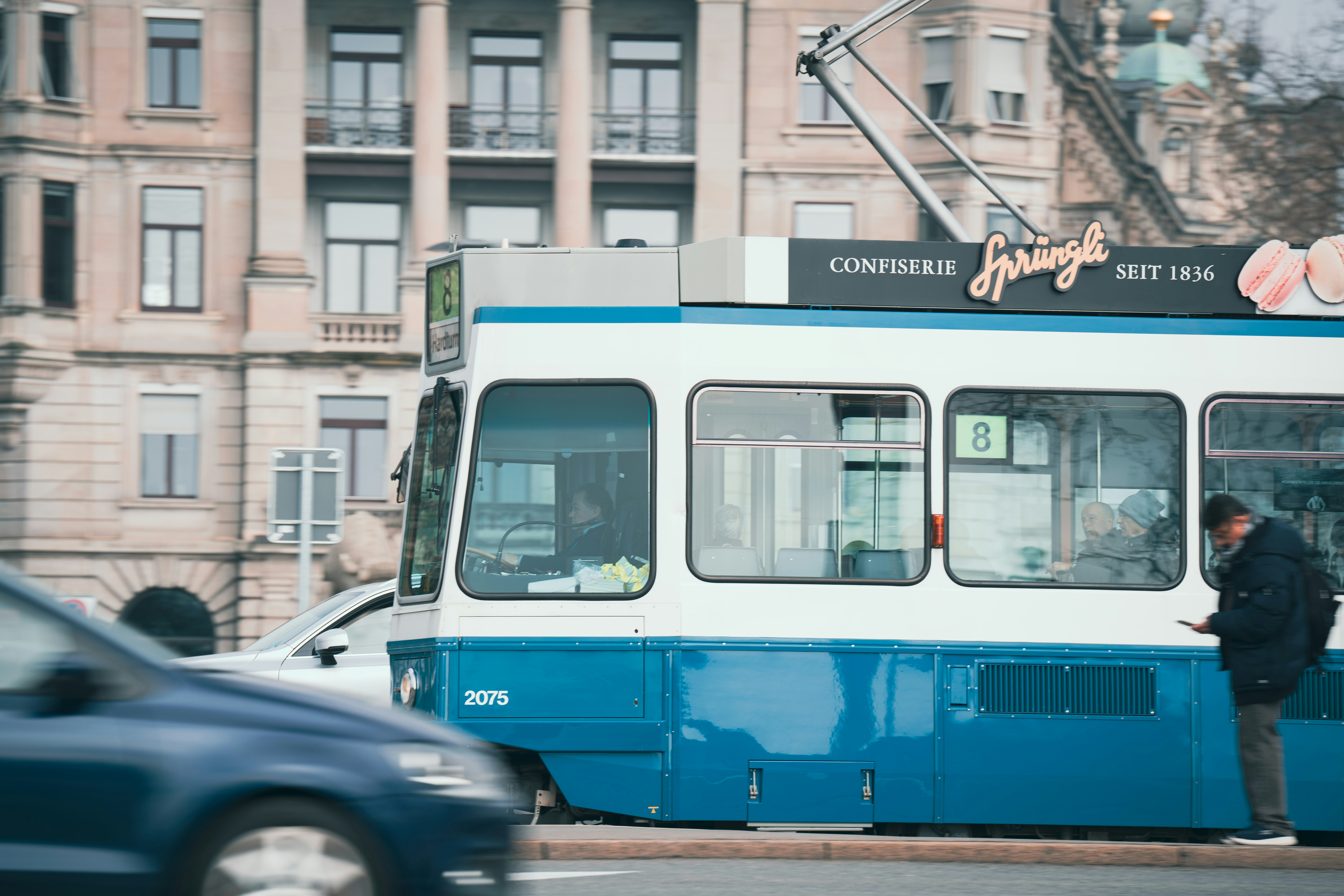 Blue Streetcar in a Quiet City Moment